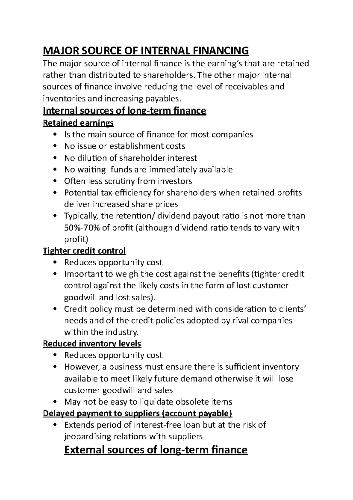 Chapter 5 notes week 5 - MAJOR SOURCE OF INTERNAL FINANCING The major ...