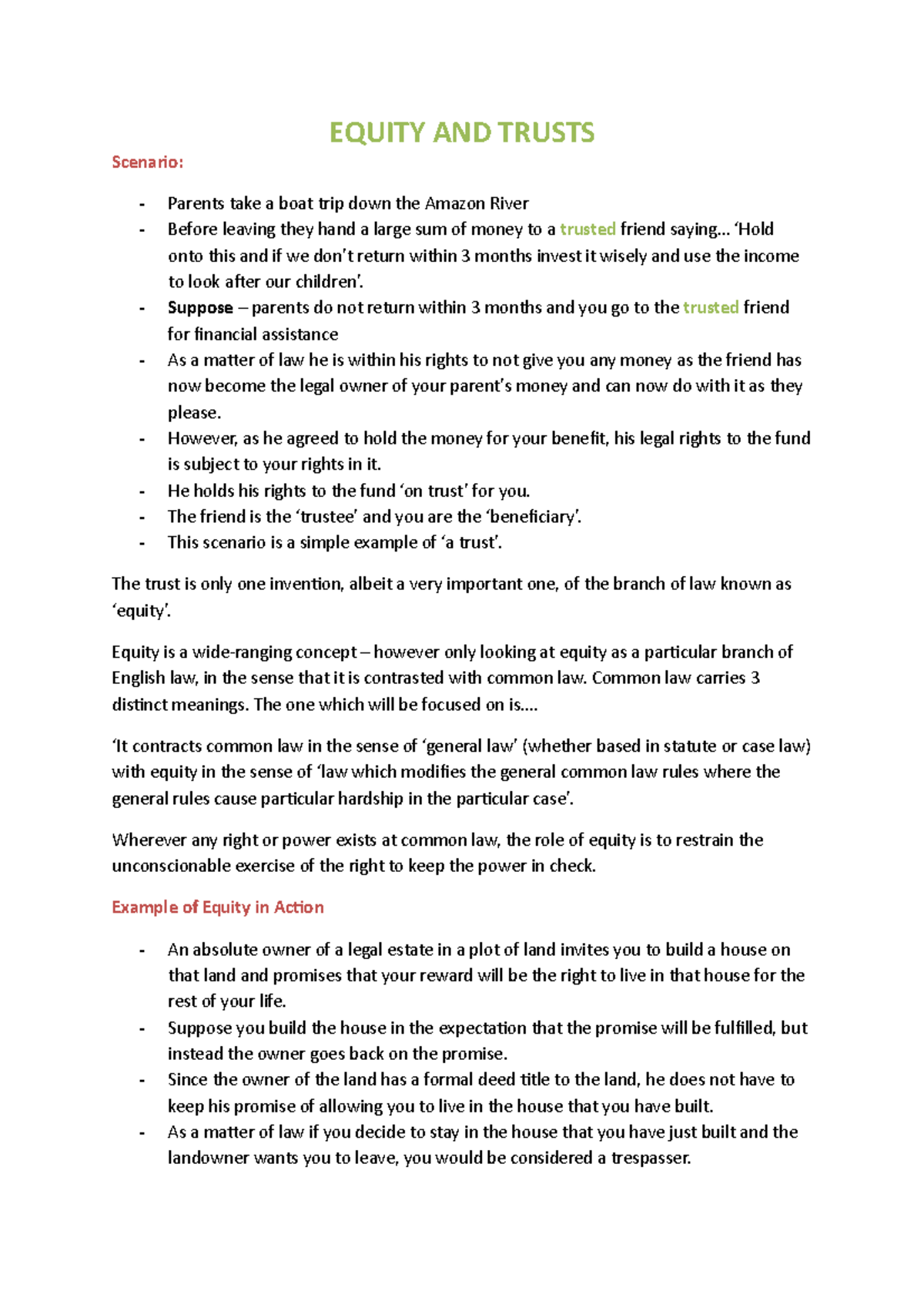 Equity AND Trusts - EQUITY AND TRUSTS Scenario: Parents take a boat ...