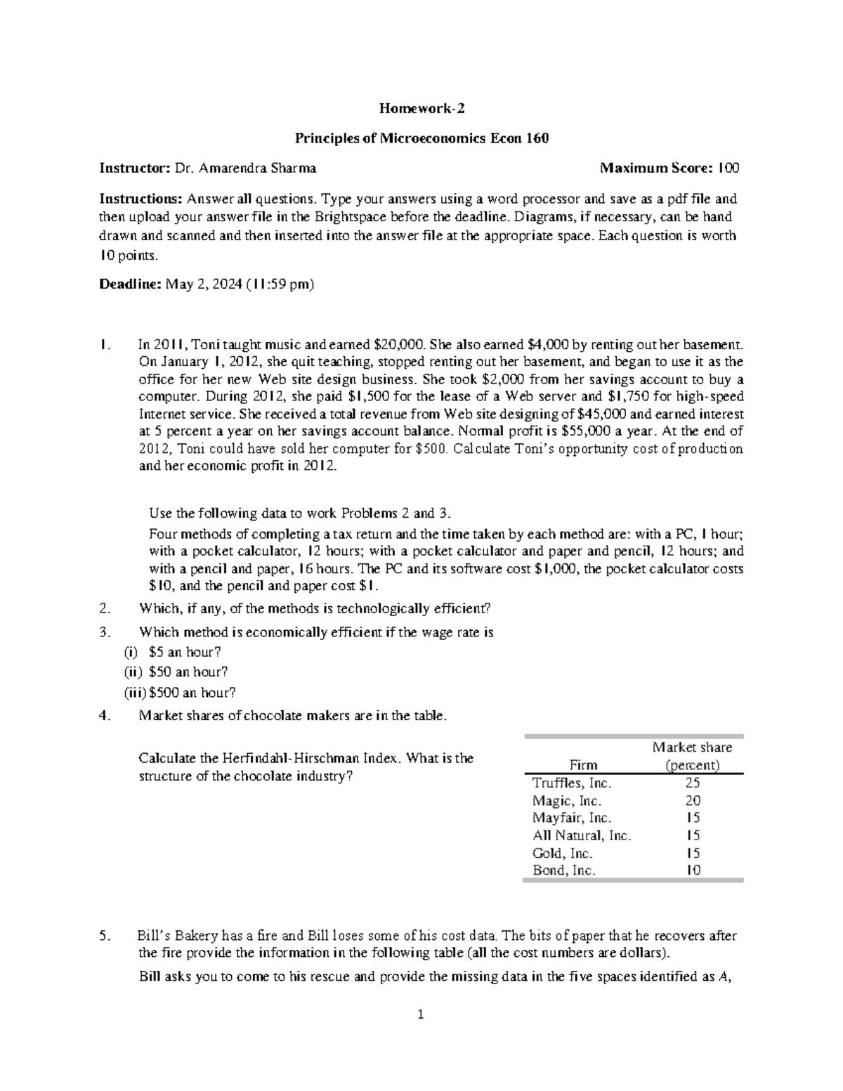Homework-2 - none - 1 Homework- 2 Principles of Microeconomics Econ 160 Instructor: Dr ...
