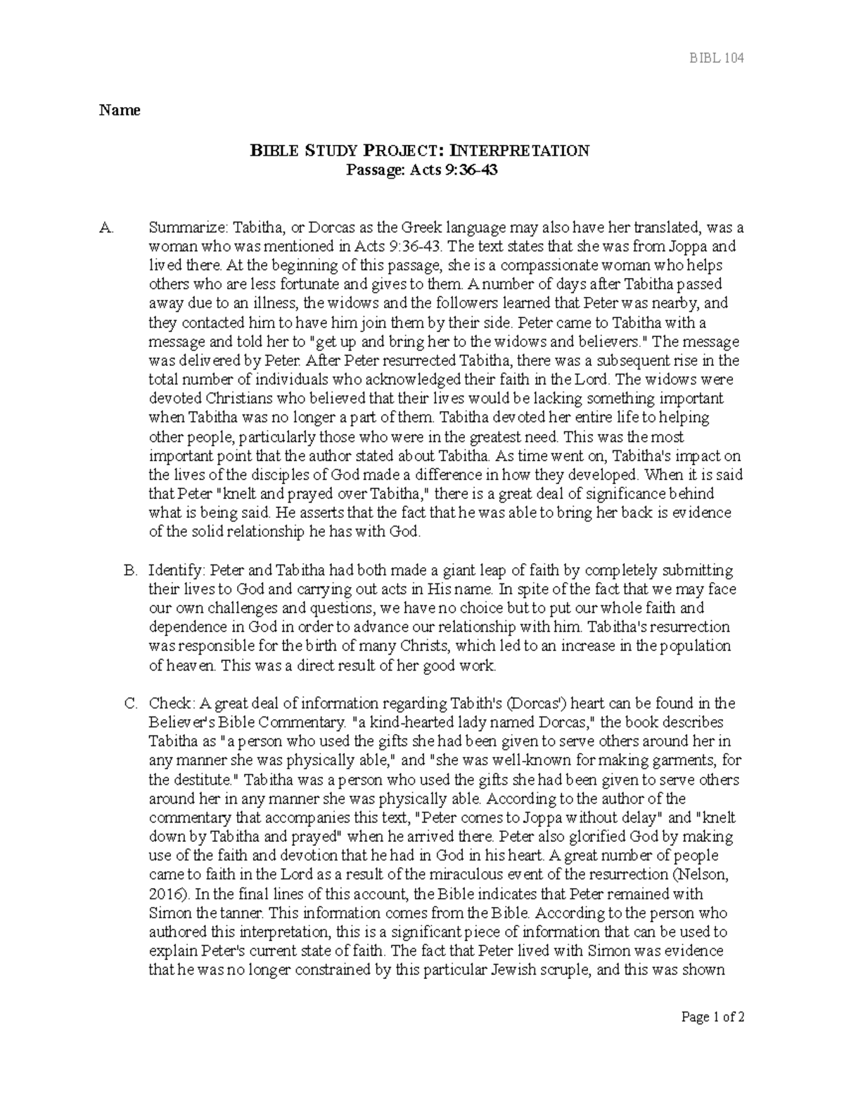 Bible Study Project Interpretation - BIBL 104 Name BIBLE STUDY PROJECT ...