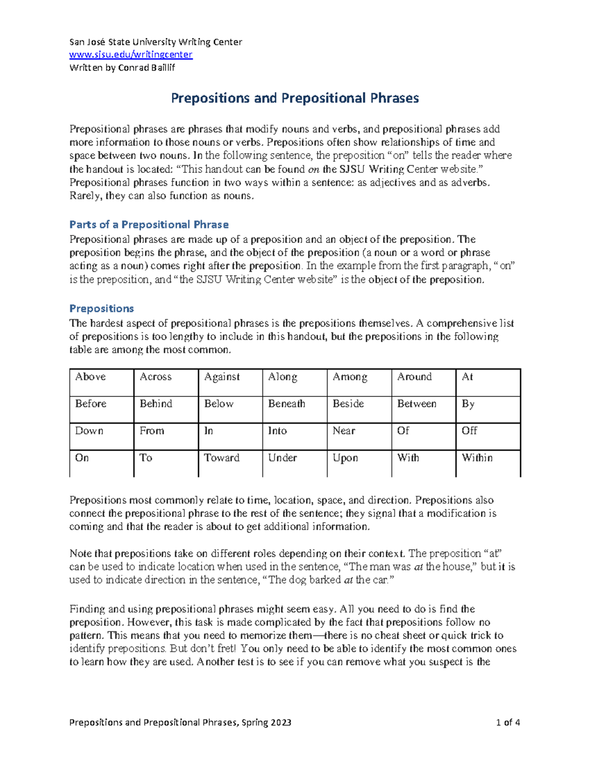 Prepositions and Prepositional Phrases - San José State University ...
