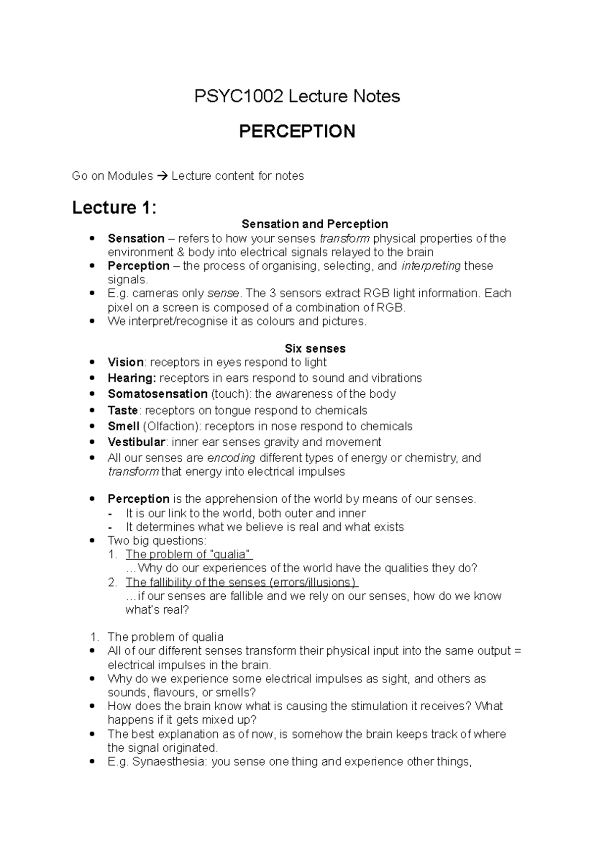 PSYC1002 Lecture Notes: Perception and Ear - Studocu