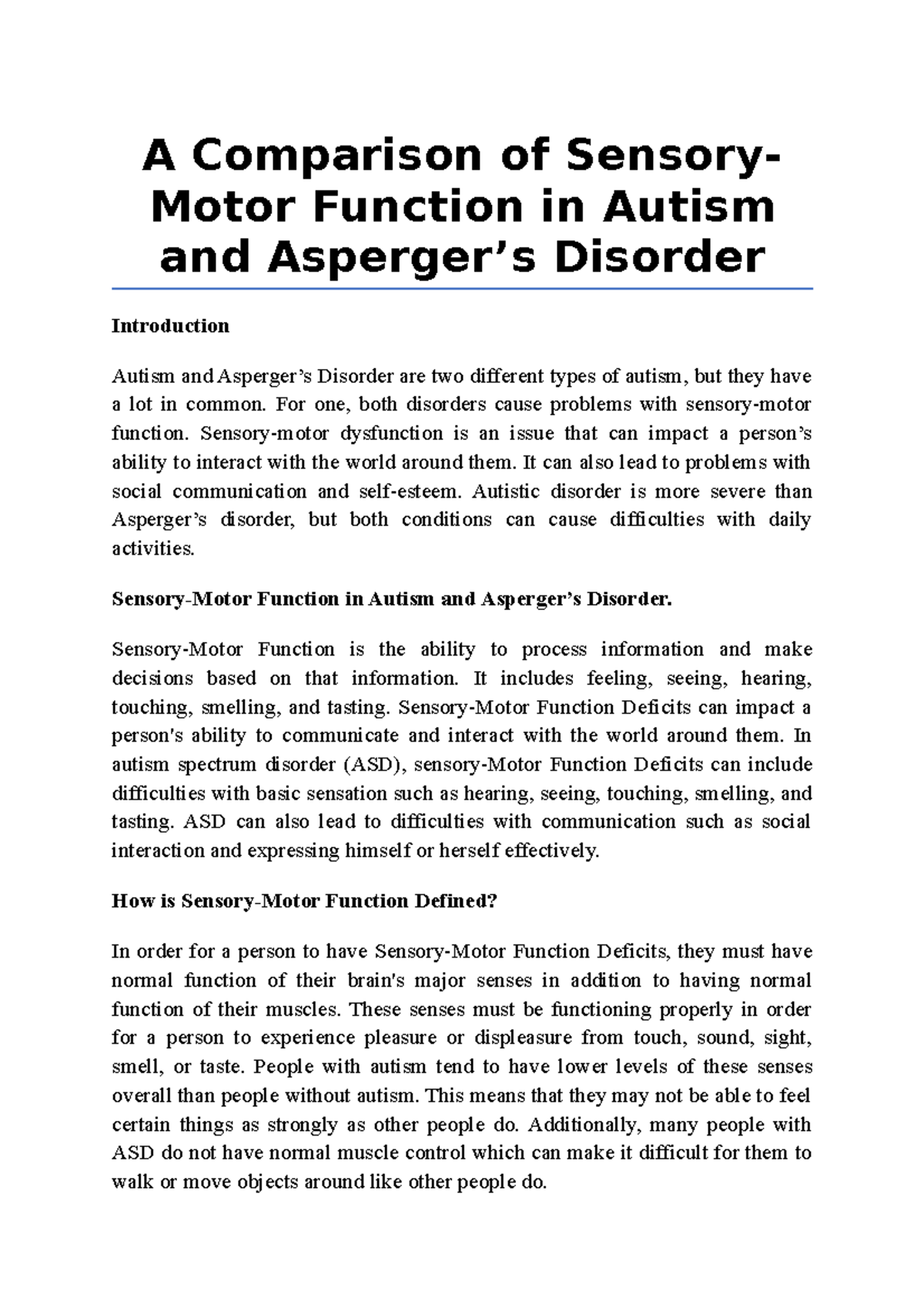 A Comparison of Sensory-Motor Function in Autism and Asperger’s ...