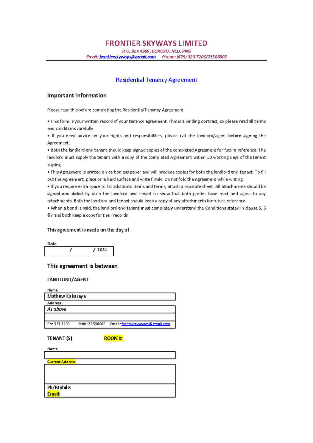 Residential Tenancy agreement - General Blank - BSP Classification ...