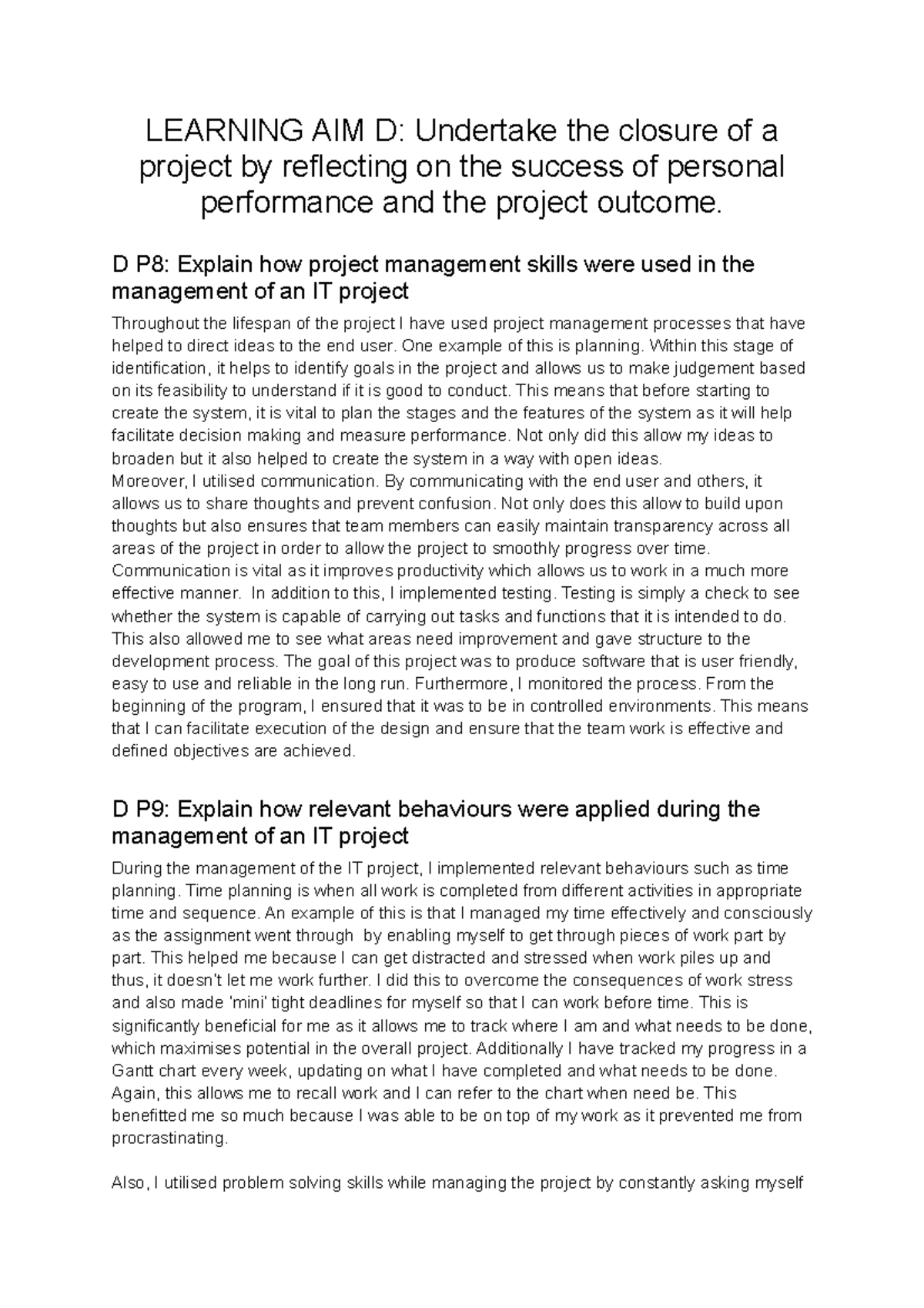 Unit 9- Final Submission Learning aim D - LEARNING AIM D: Undertake the ...