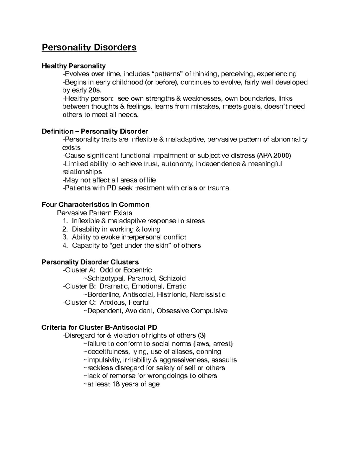 Personality Disorders Outline - Personality Disorders Healthy ...