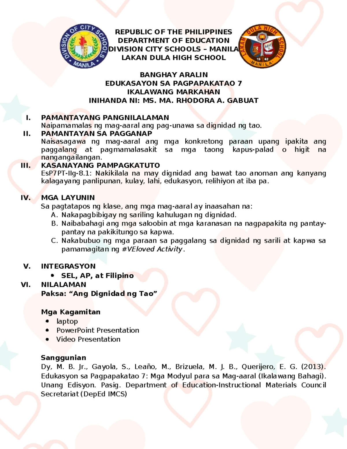 Lesson Plan_Dignidad - REPUBLIC OF THE PHILIPPINES DEPARTMENT OF ...