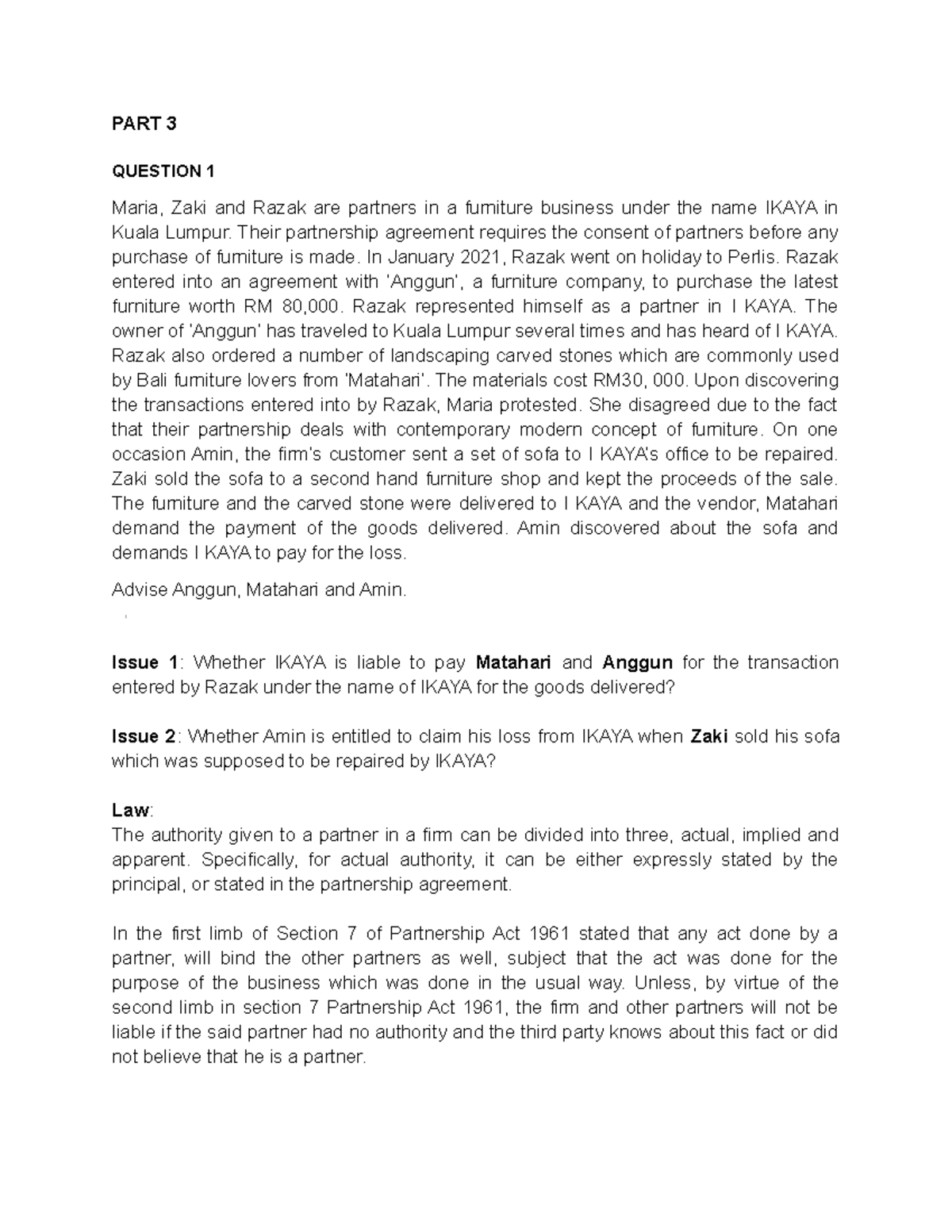 Tutorial Company PART 3 - PART 3 QUESTION 1 Maria, Zaki and Razak are ...
