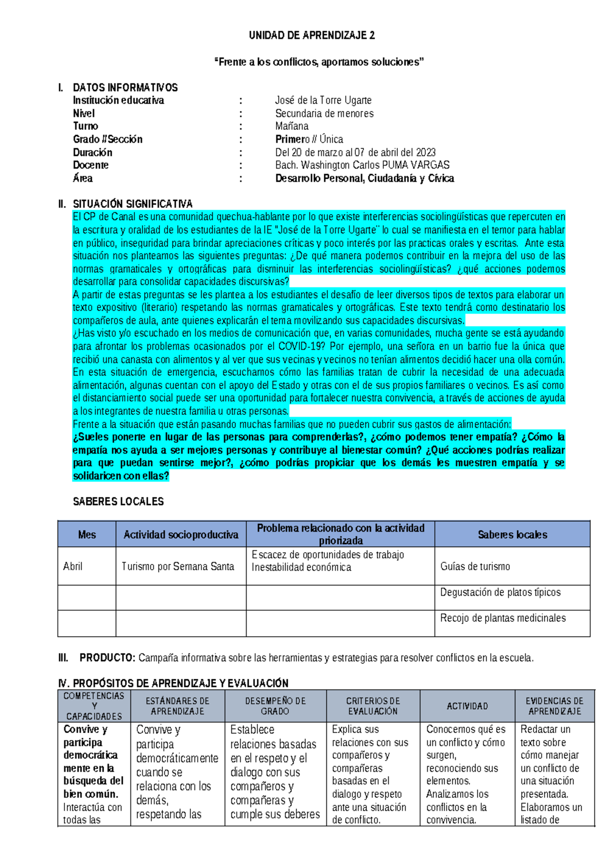 661359999 Unidad DE Aprendizaje 2 DPCC 1 2023 - UNIDAD DE APRENDIZAJE 2 “Frente a los conflictos ...