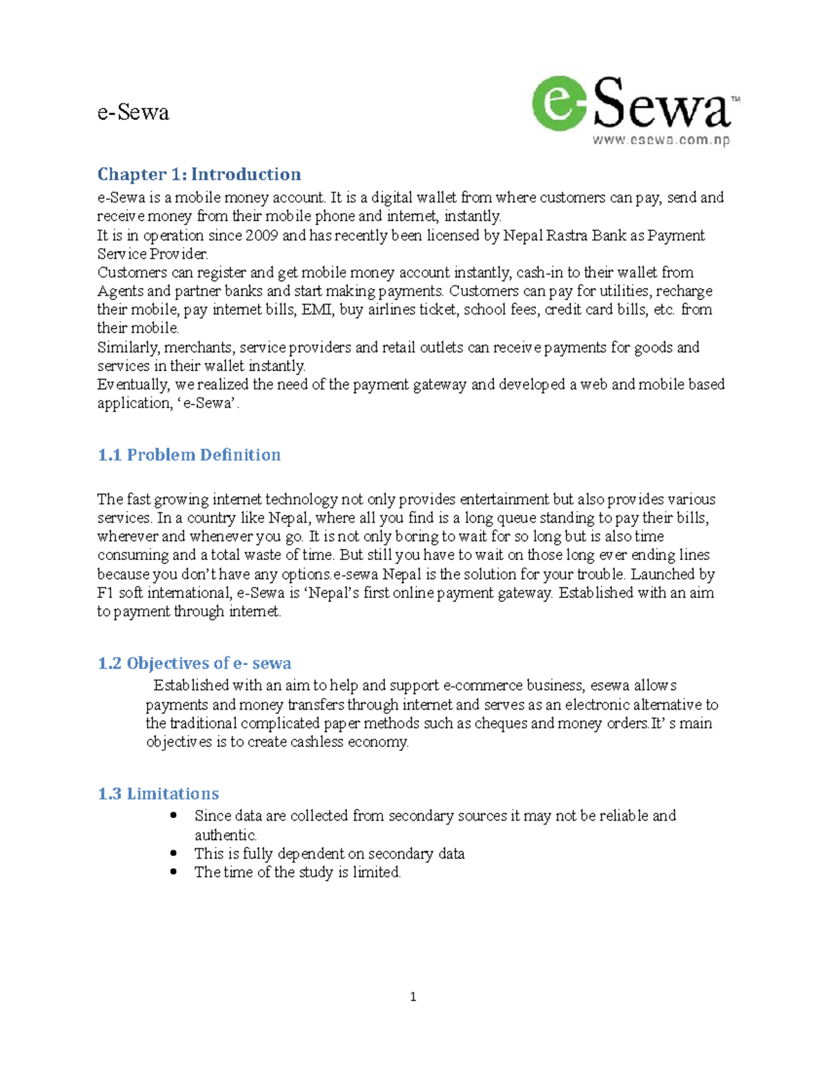 Copy of e-Sewa - e-Sewa Chapter 1: Introduction e-Sewa is a mobile ...
