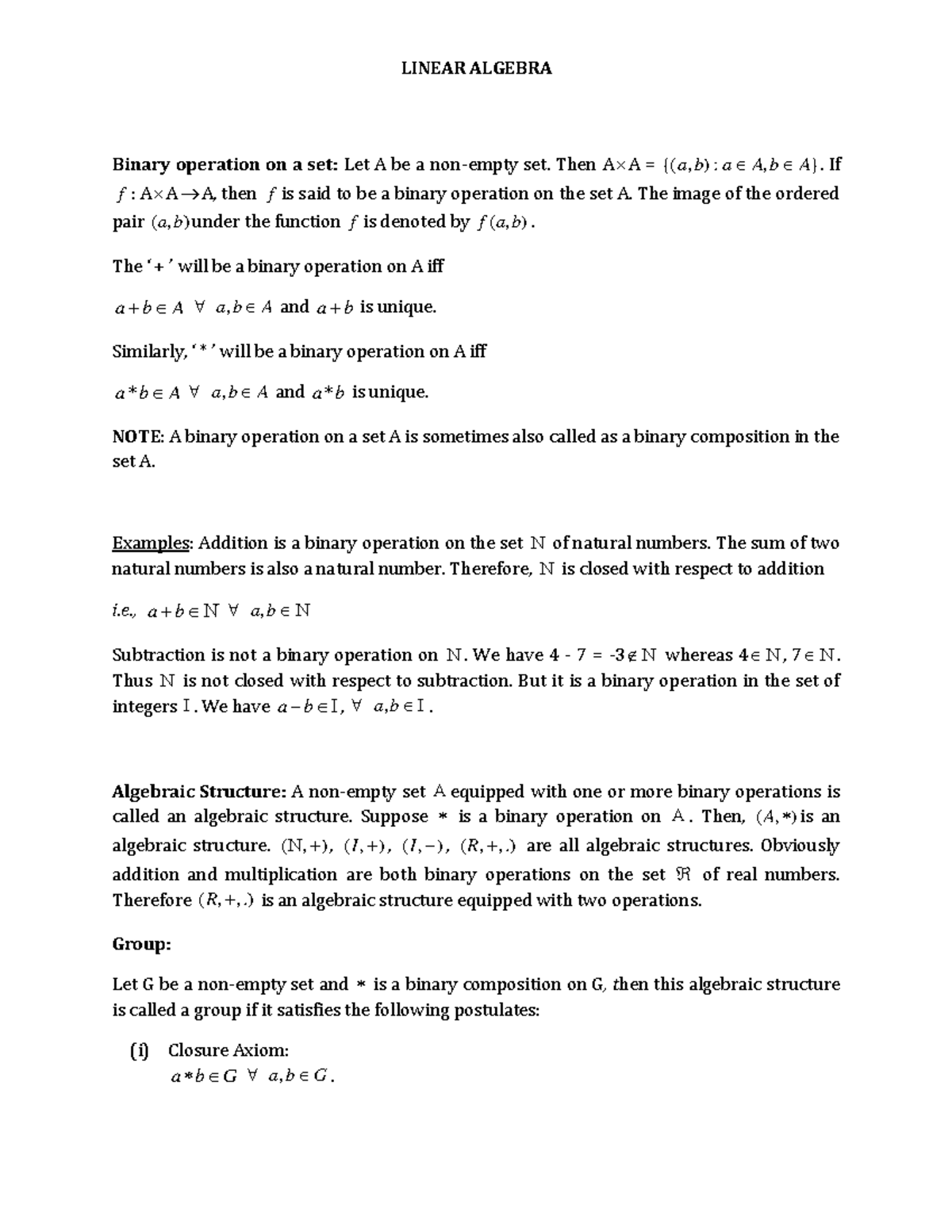 Lecture Notes In Linear Algebra For Bachelor Of Science Mathematics Linear Algebra Binary