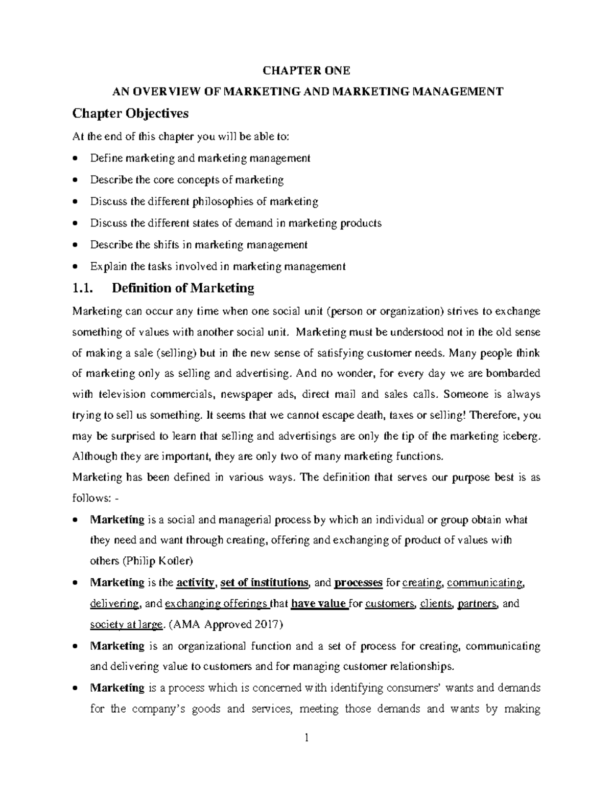 Chapter-1 definition to Marketing - CHAPTER ONE AN OVERVIEW OF ...