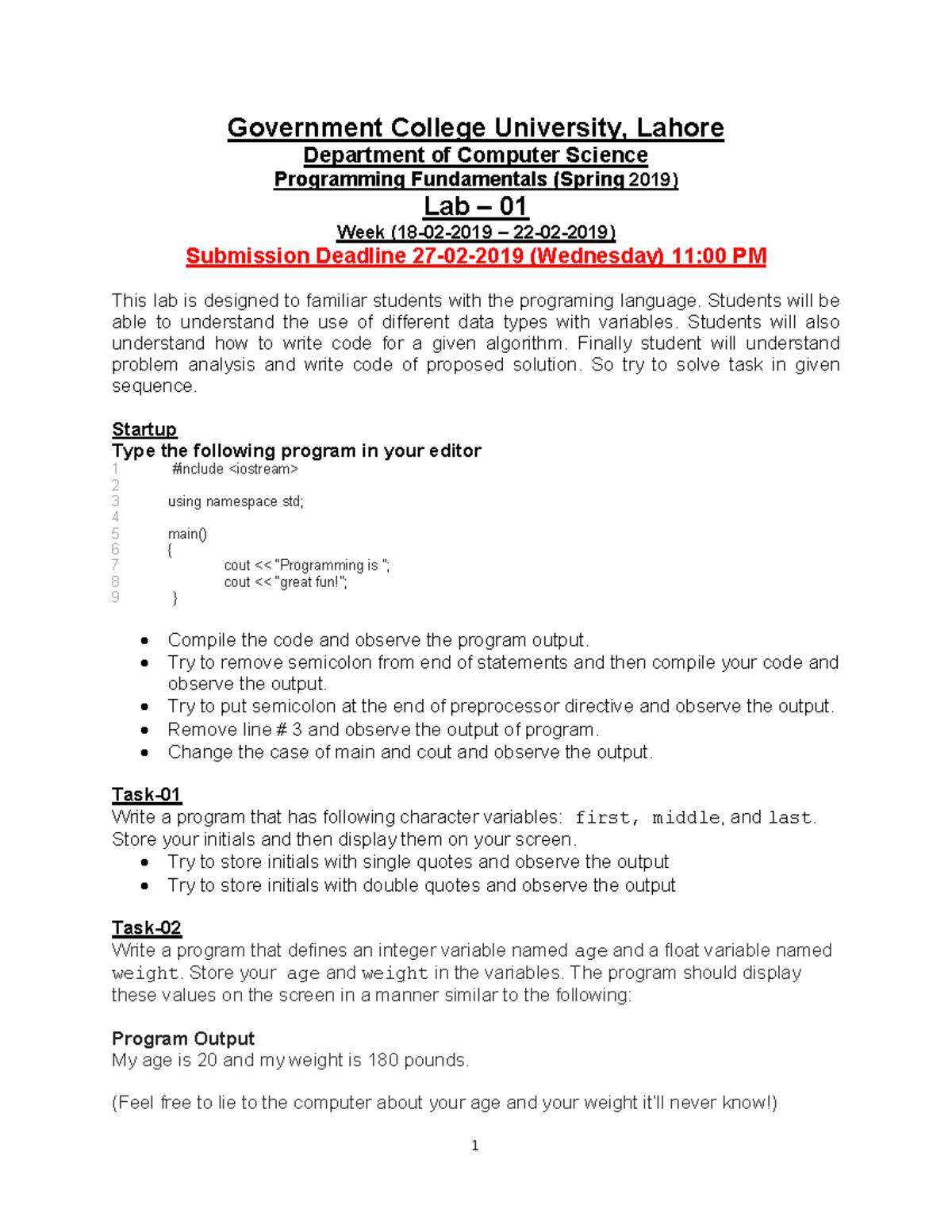 Lab-01 - g beautiful - Government College University, Lahore Department ...