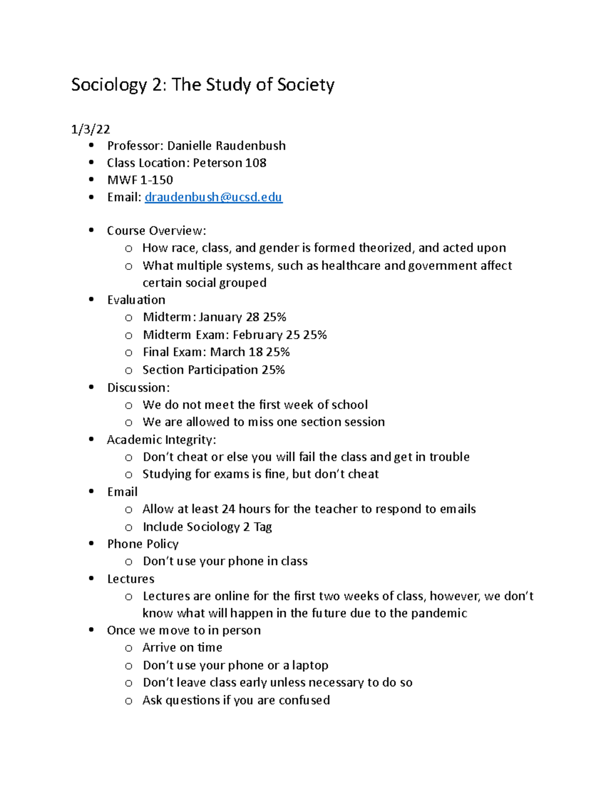 Sociology 2 Notes winter22 from first day of class to 1/29 - Sociology ...