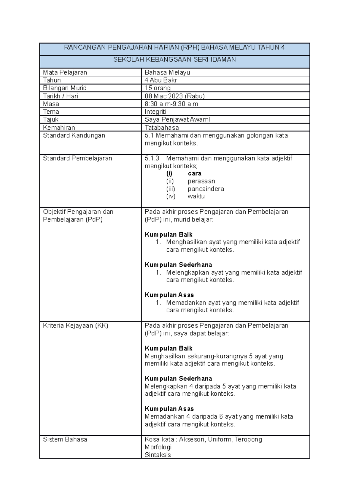 Rancangan Pengajaran Harian - RANCANGAN PENGAJARAN HARIAN (RPH) BAHASA ...