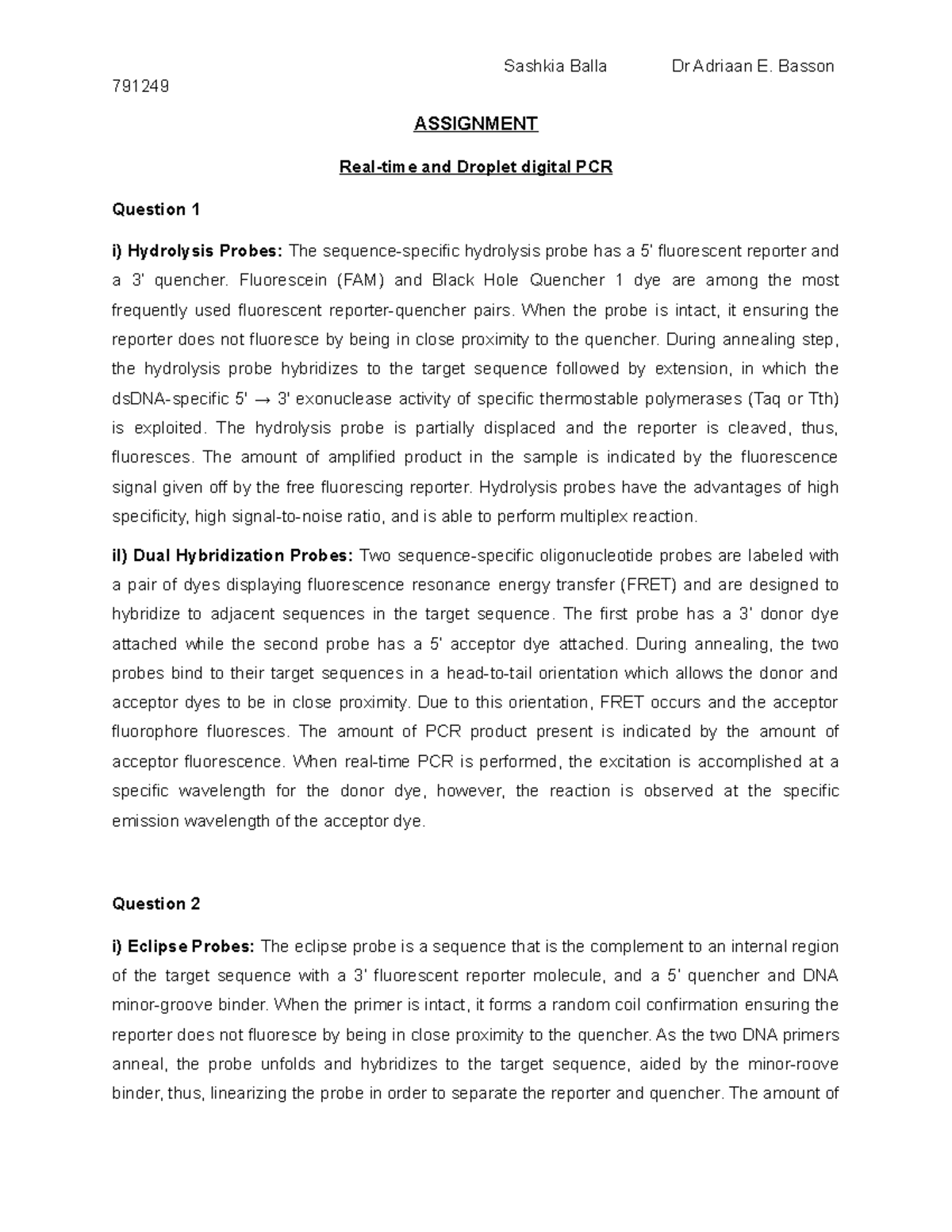 PCR (questions) - ASSIGNMENT Real-time and Droplet digital PCR ...