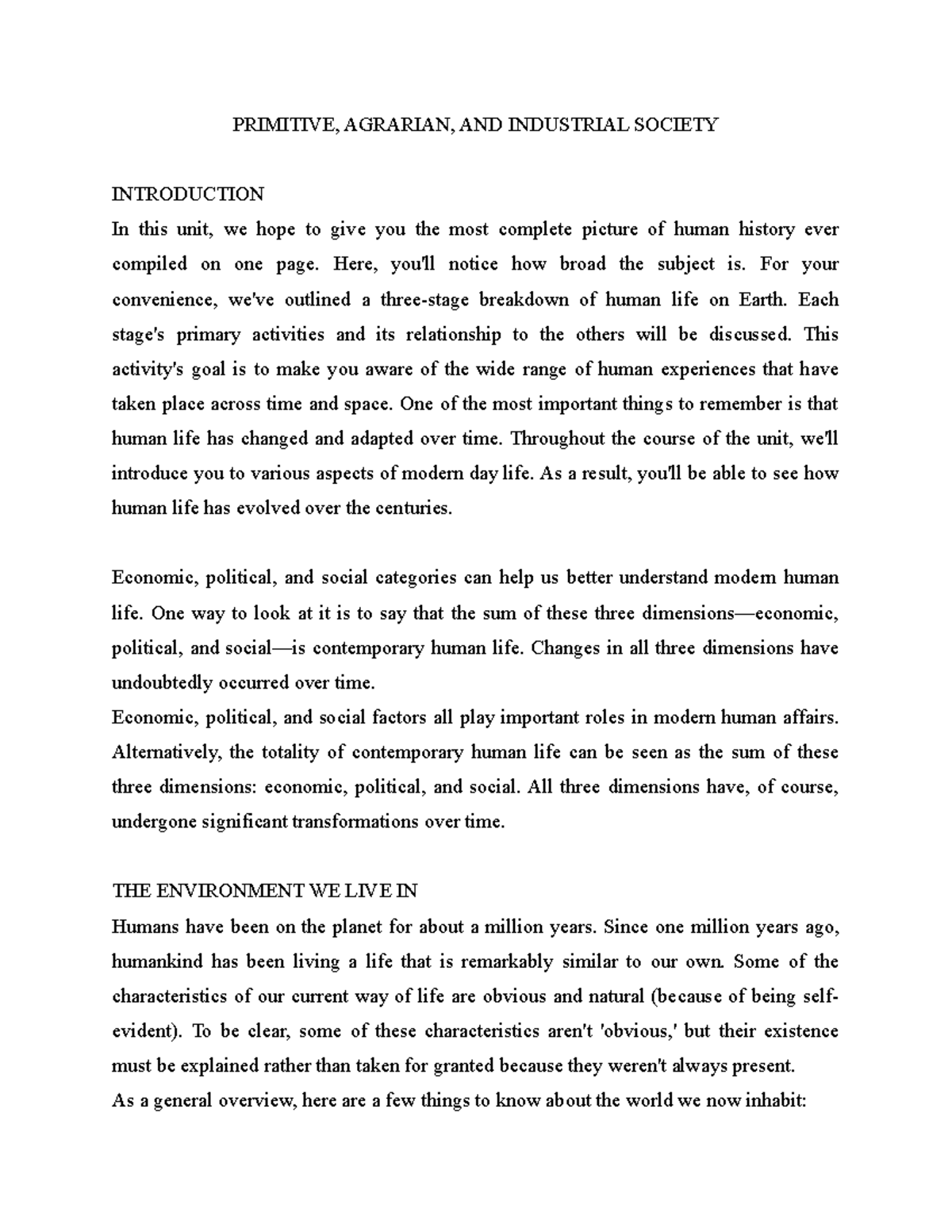 Primitive, Agrarian, AND Industrial Society - PRIMITIVE, AGRARIAN, AND ...