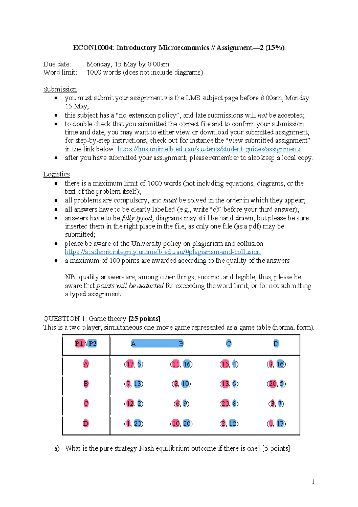 Assignment 2 questions - 1 ECON10004: Introductory Microeconomics ...