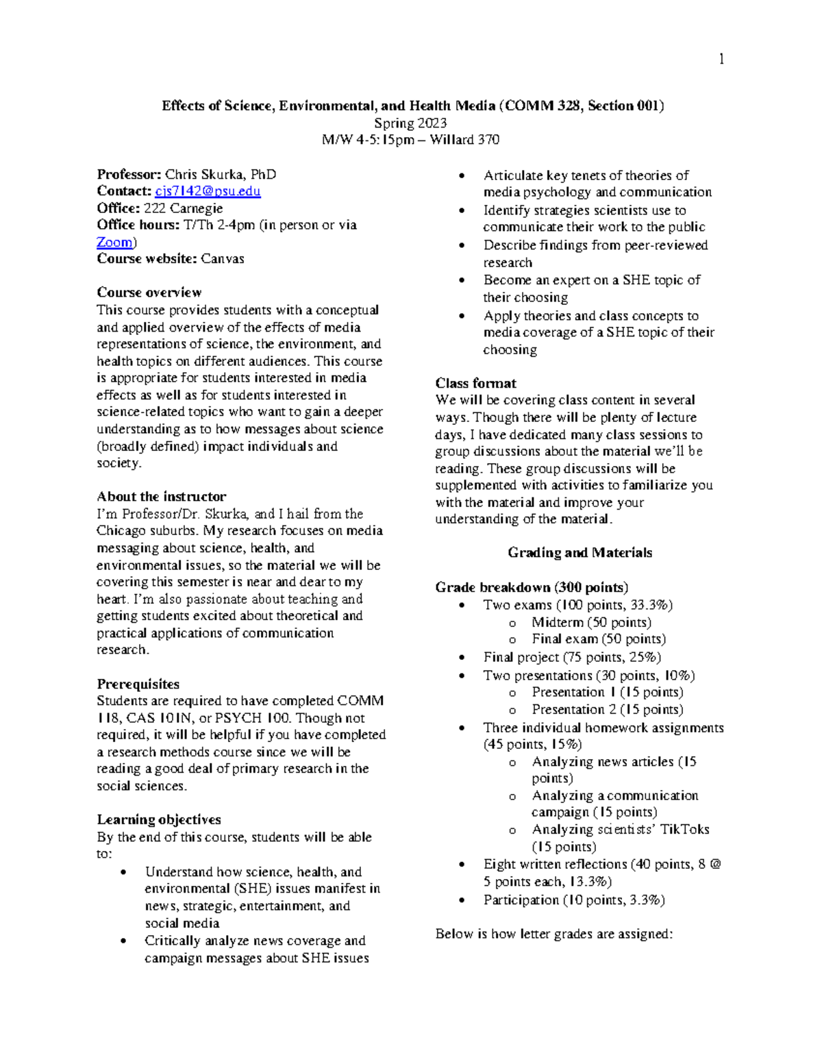 COMM 328 Syllabus Spring 2023 - Effects of Science, Environmental, and ...