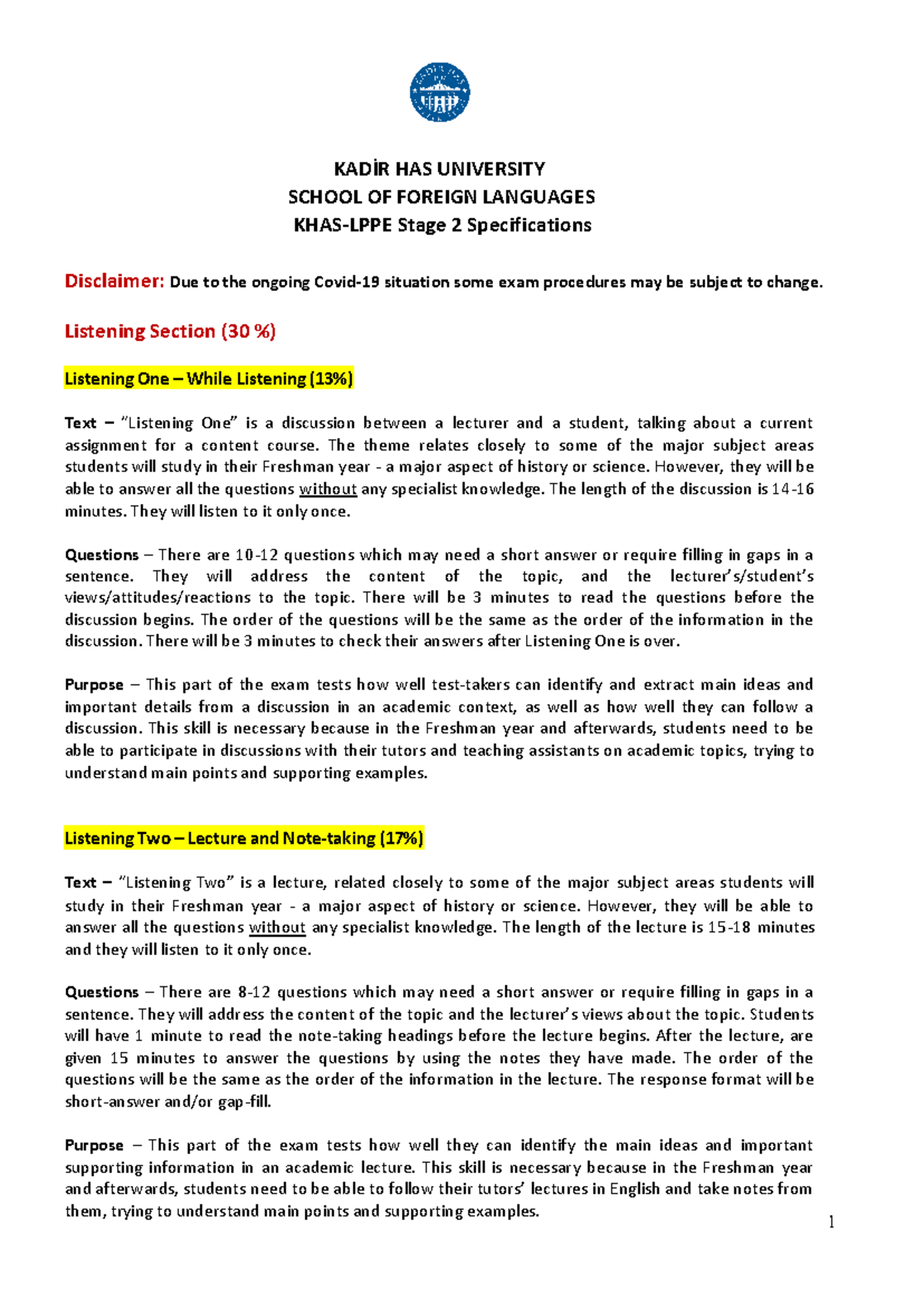 SFL LPPE Stage 2 Specifications - 1 KADİR HAS UNIVERSITY SCHOOL OF ...