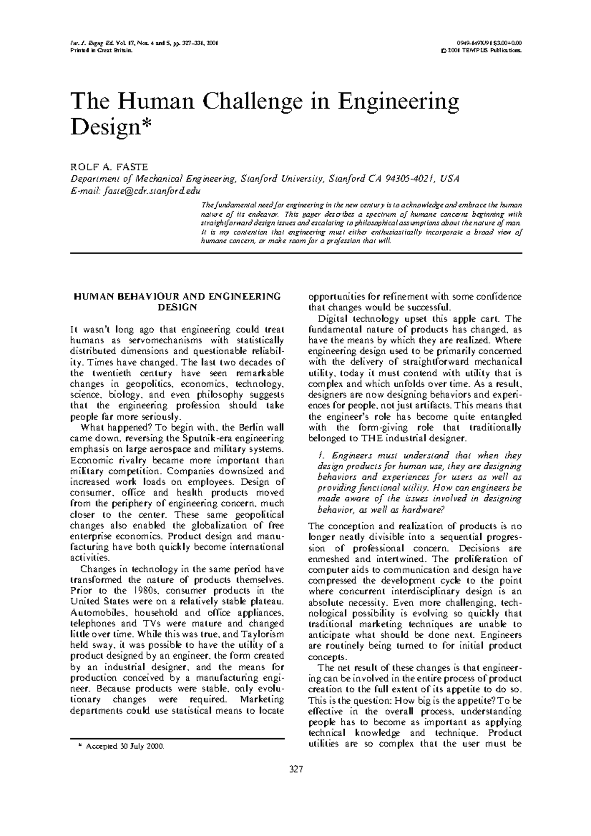 The human challenge - The Human Challenge in Engineering Design* ROLF A ...