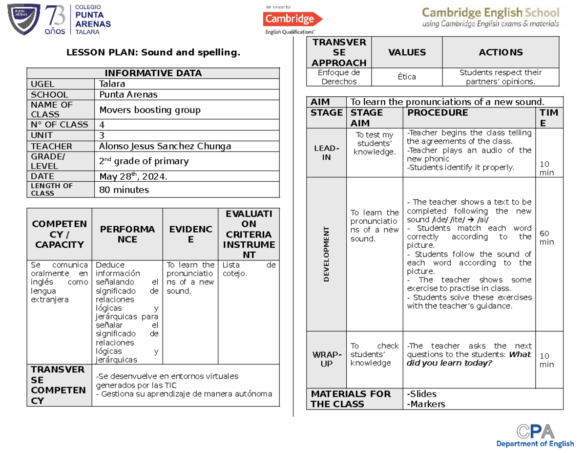 Class #4 - 2nd grade - Sesión de inglés - LESSON PLAN: Sound and ...