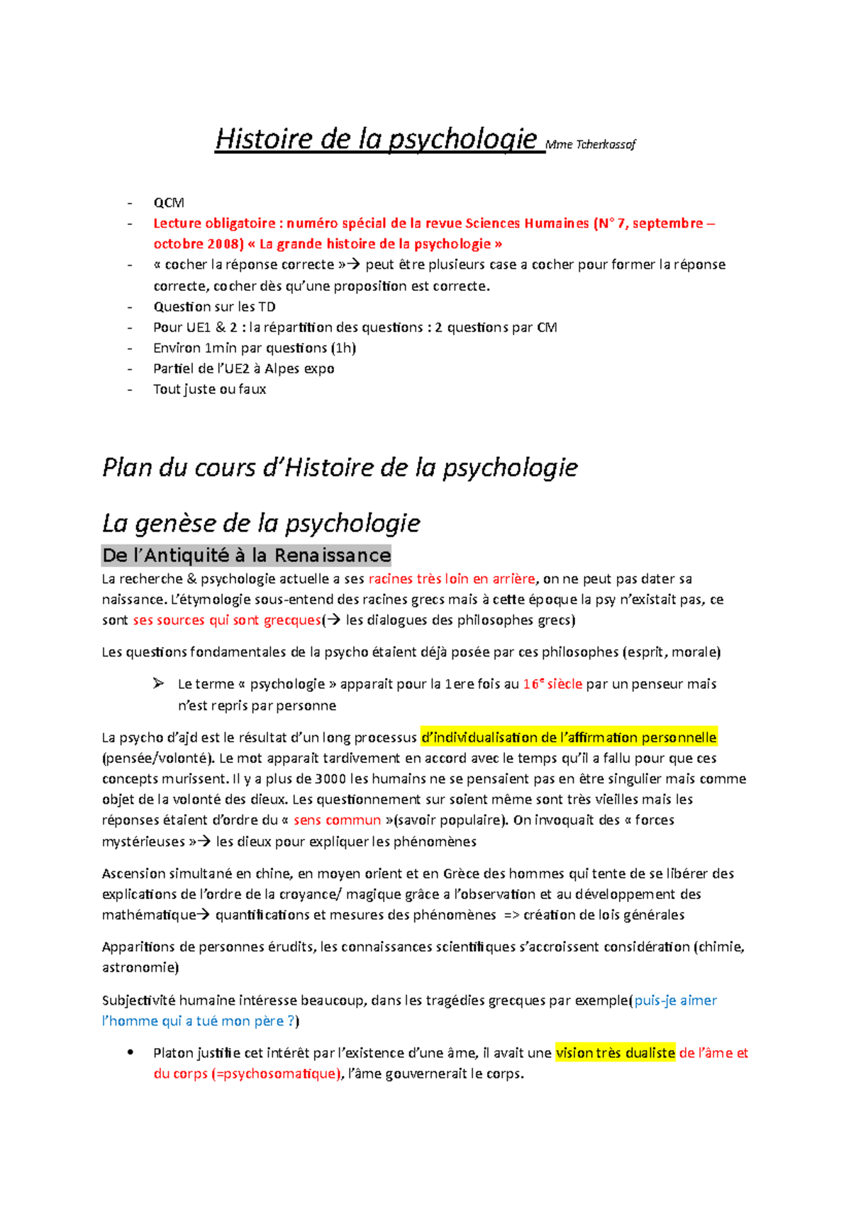 Histoire de la psychologie Mme Tcherkassof - Question sur les TD Pour ...