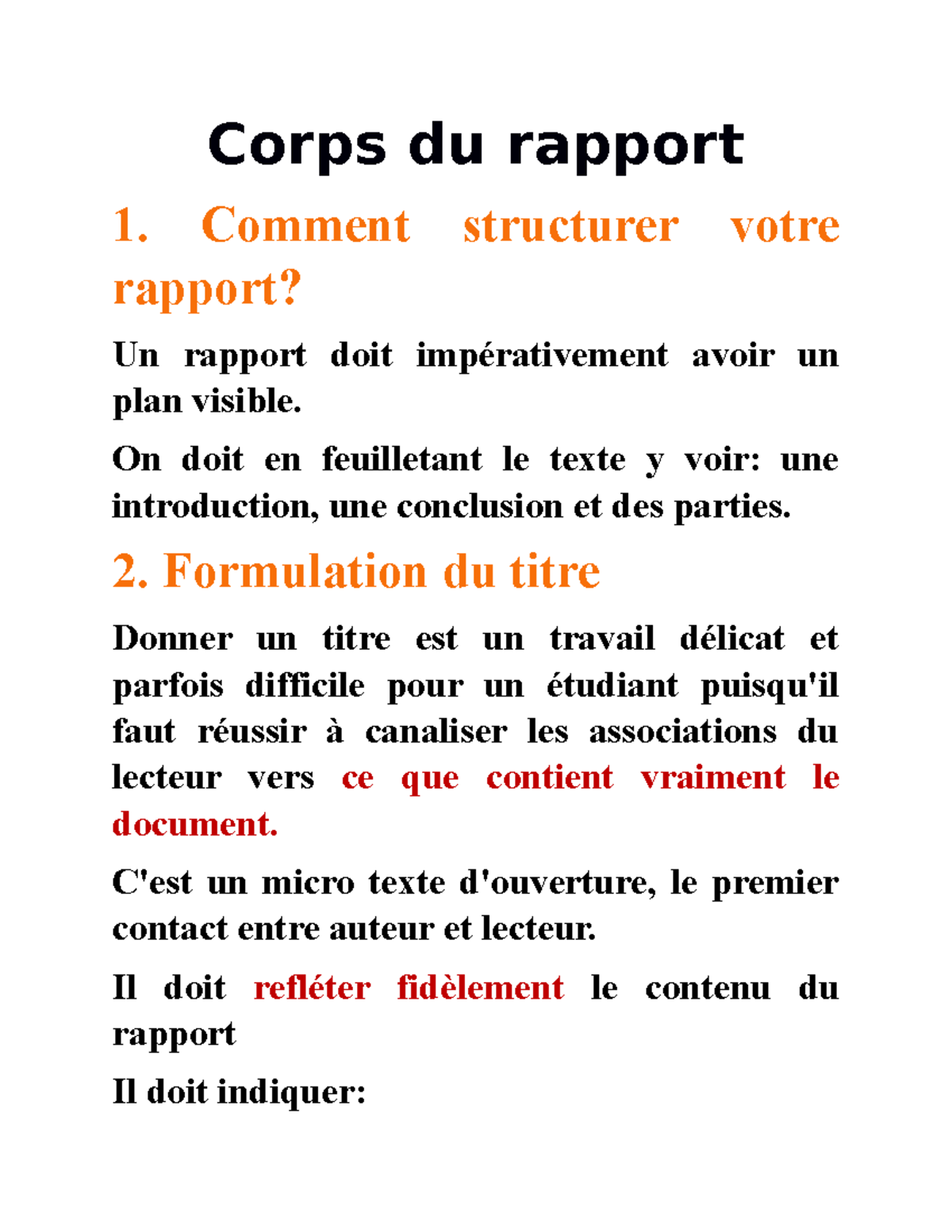 Corps du rapport - Comment structurer votre rapport? Un rapport doit ...