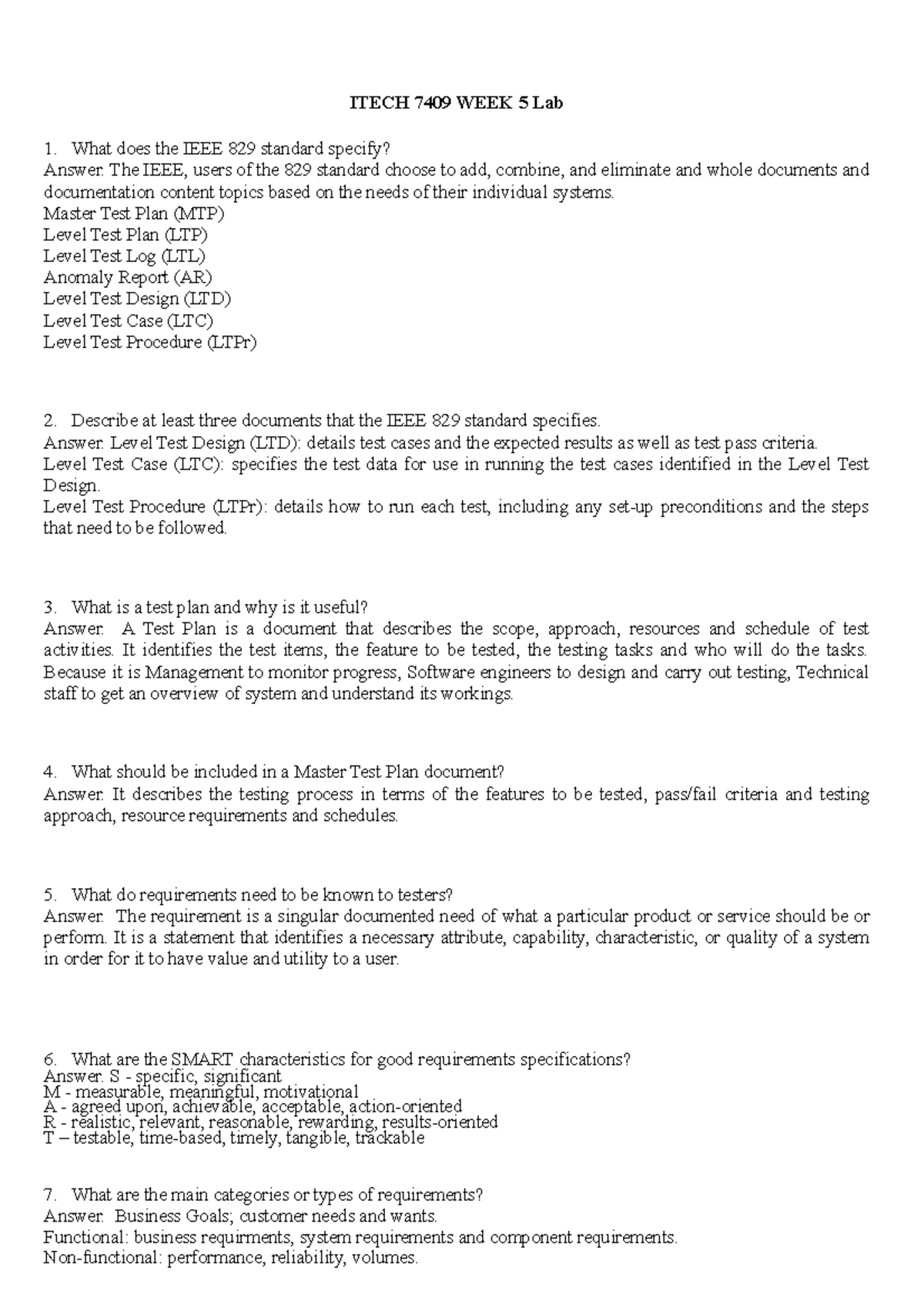 ITECH7409 Tutorials 05 - ITECH 7409 WEEK 5 Lab What does the IEEE 829 ...