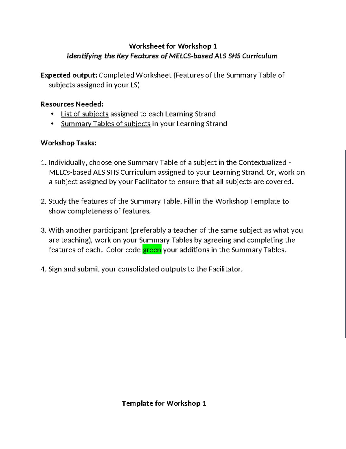 Worksheet for Session 1 - Worksheet for Workshop 1 Identifying the Key ...