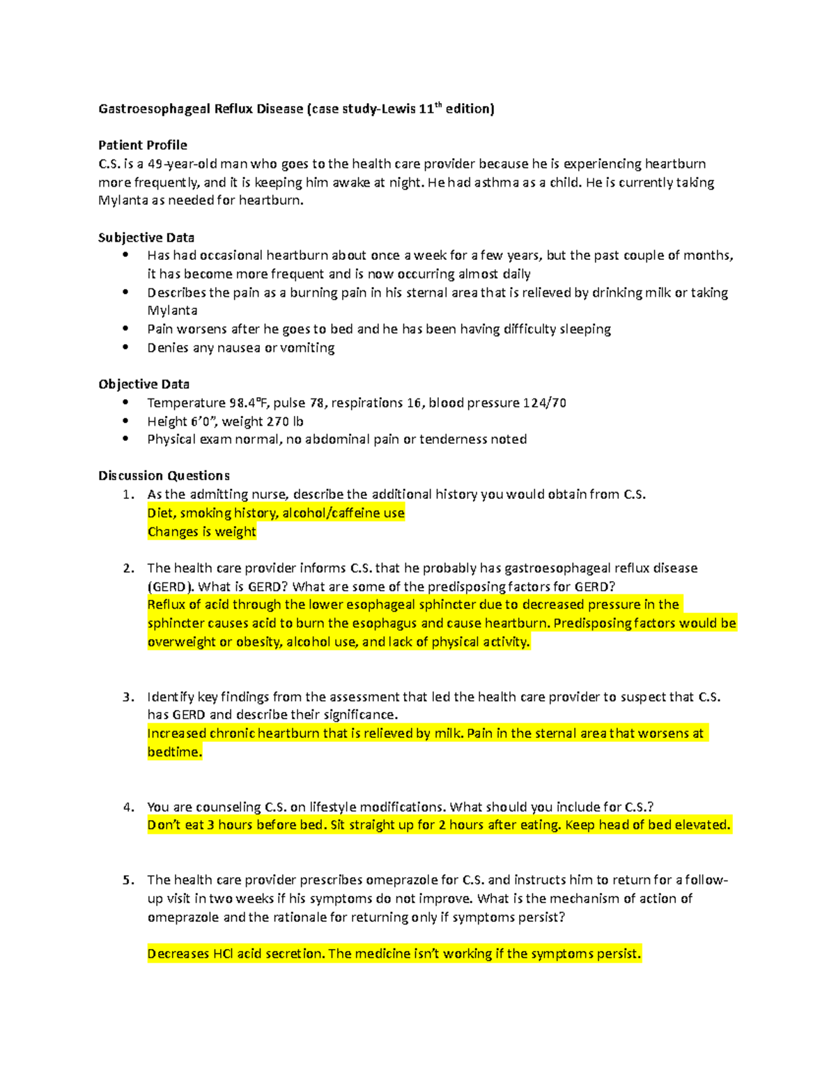 Gastroesophageal Reflux Disease case study (students ...
