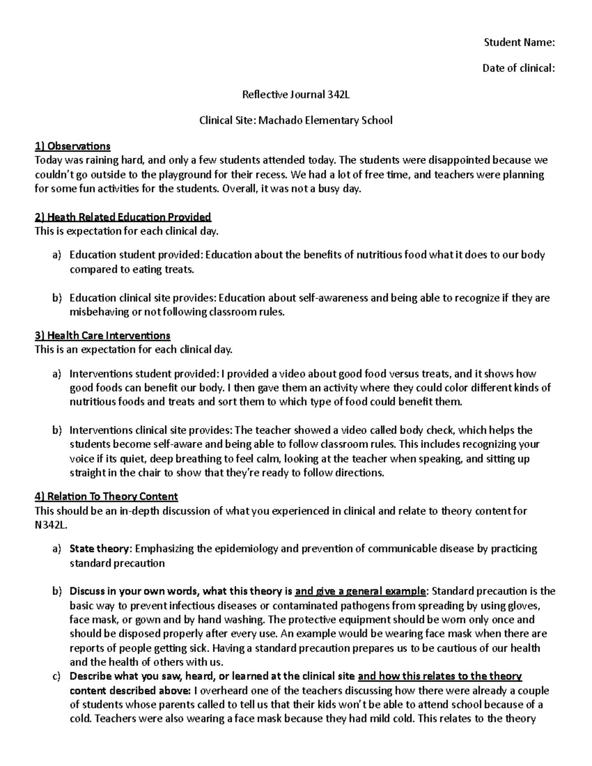 Reflection journal W5 - Student Name: Date of clinical: Reflective ...