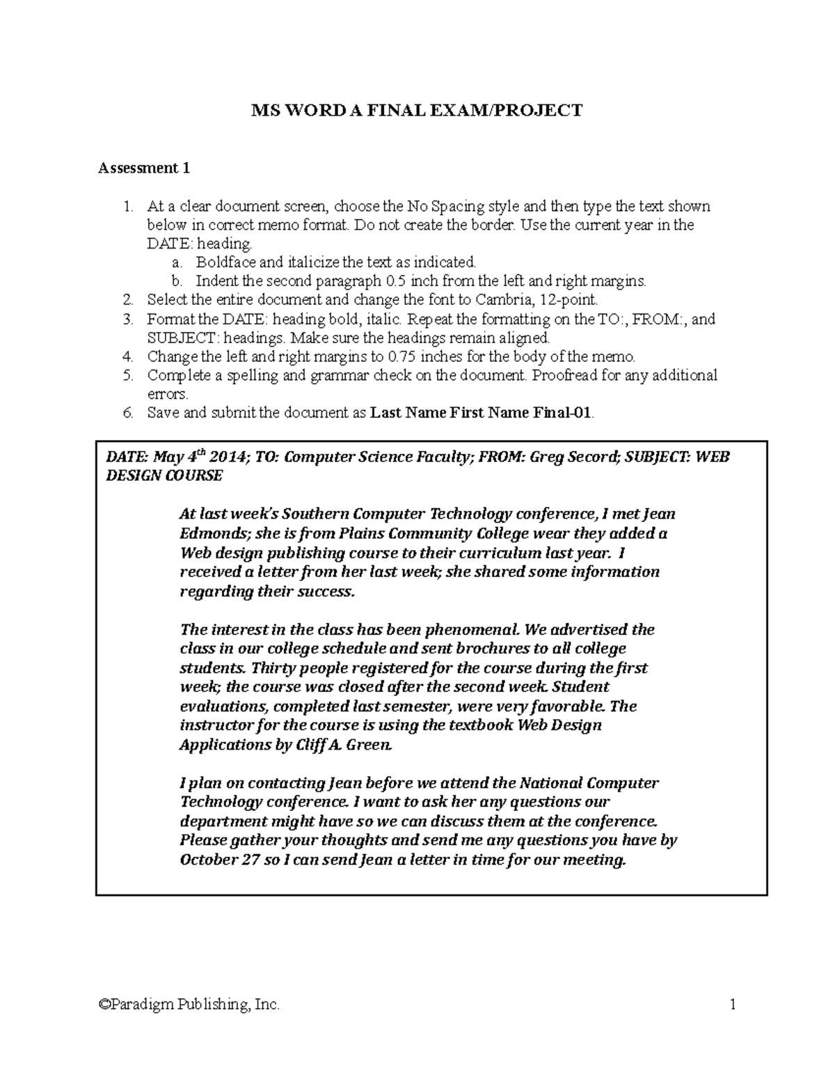 Assignment SC Word2013 C4 final - MS WORD A FINAL EXAM/PROJECT ...