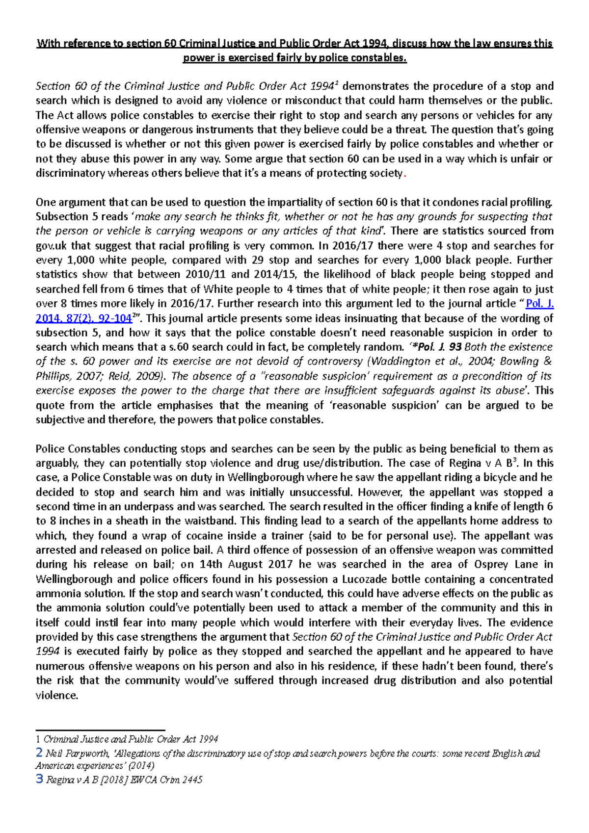 LAW Study Coursework 2 - With reference to section 60 Criminal Justice ...