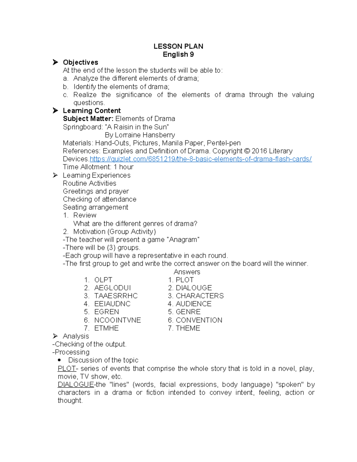 Lesson PLAN Elements OF Drama 1 - LESSON PLAN English 9 Objectives At ...