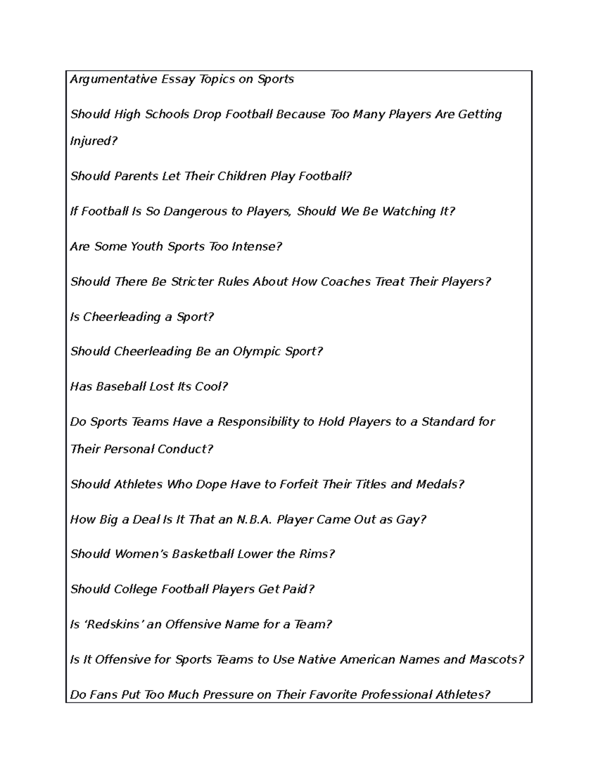 Opics on Sports - forever new - Argumentative Essay Topics on Sports ...