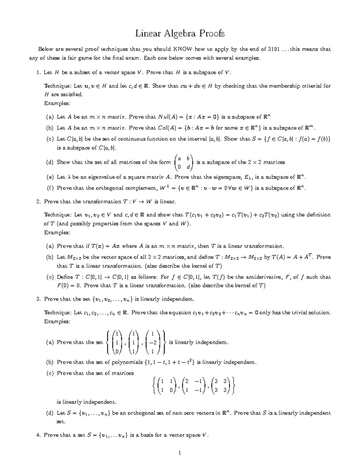 Proofs Linear Algebra Proofs Below Are Several Proof Techniques That