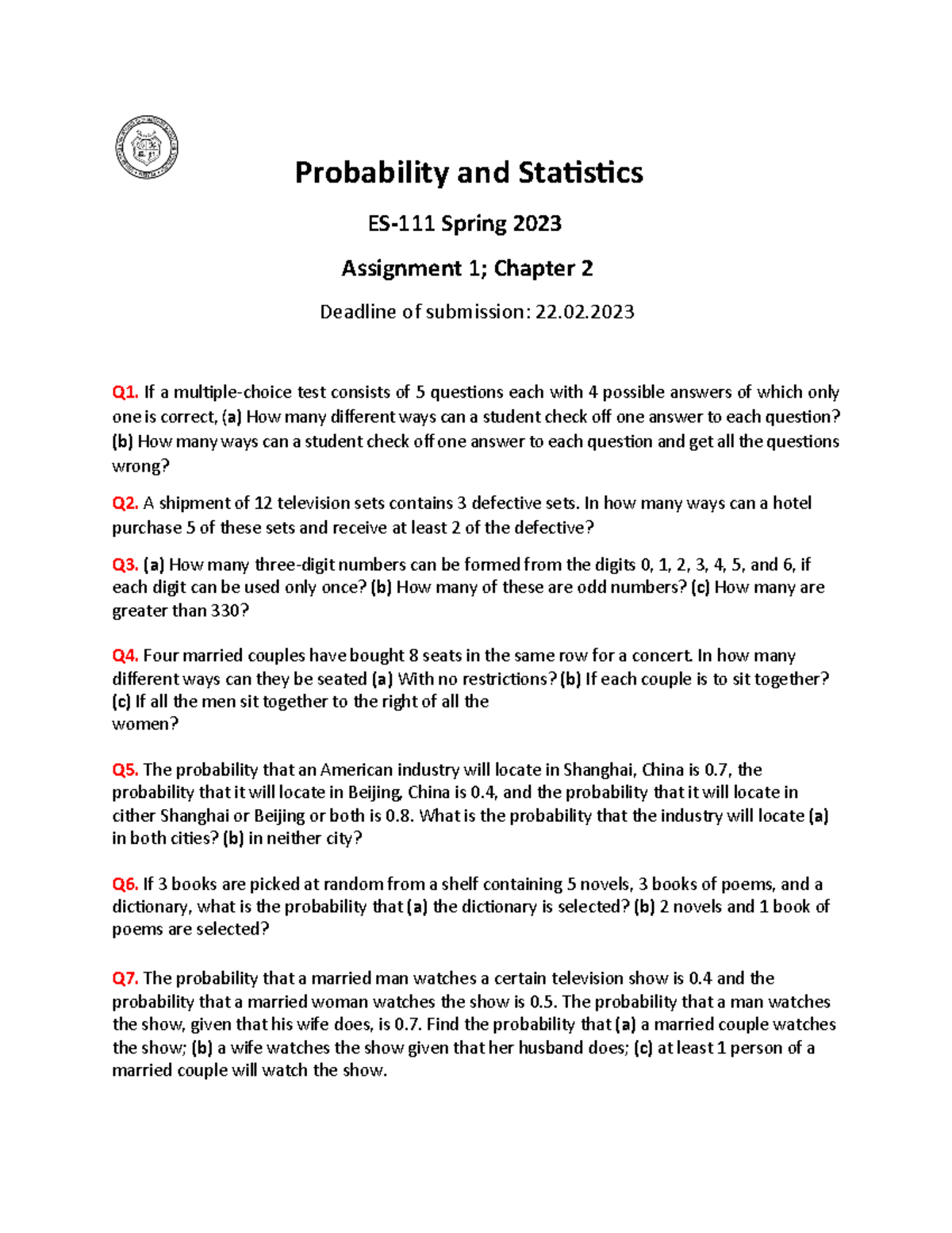 A1-Chapter 2 - Probability and Statistics ES-111 Spring 2023 Assignment ...