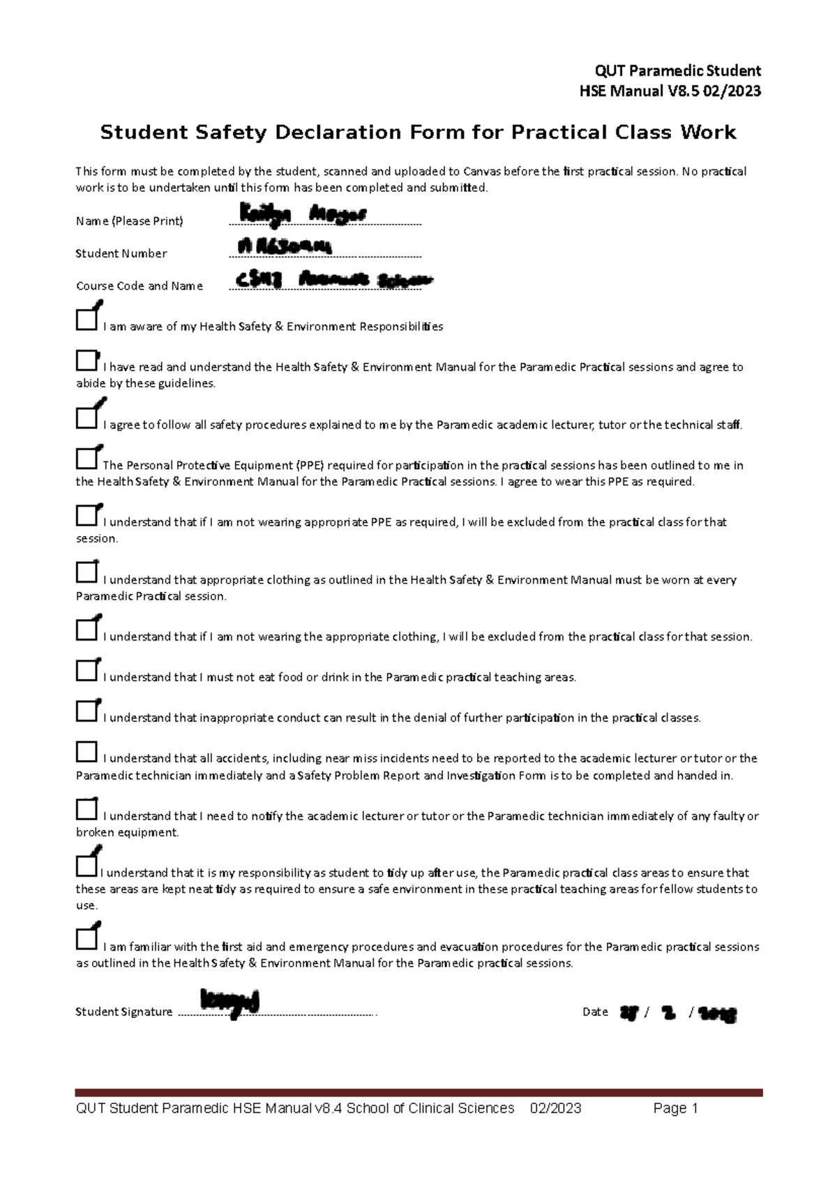 Student Safety Declaration Form for Practical Class Work - No practical ...