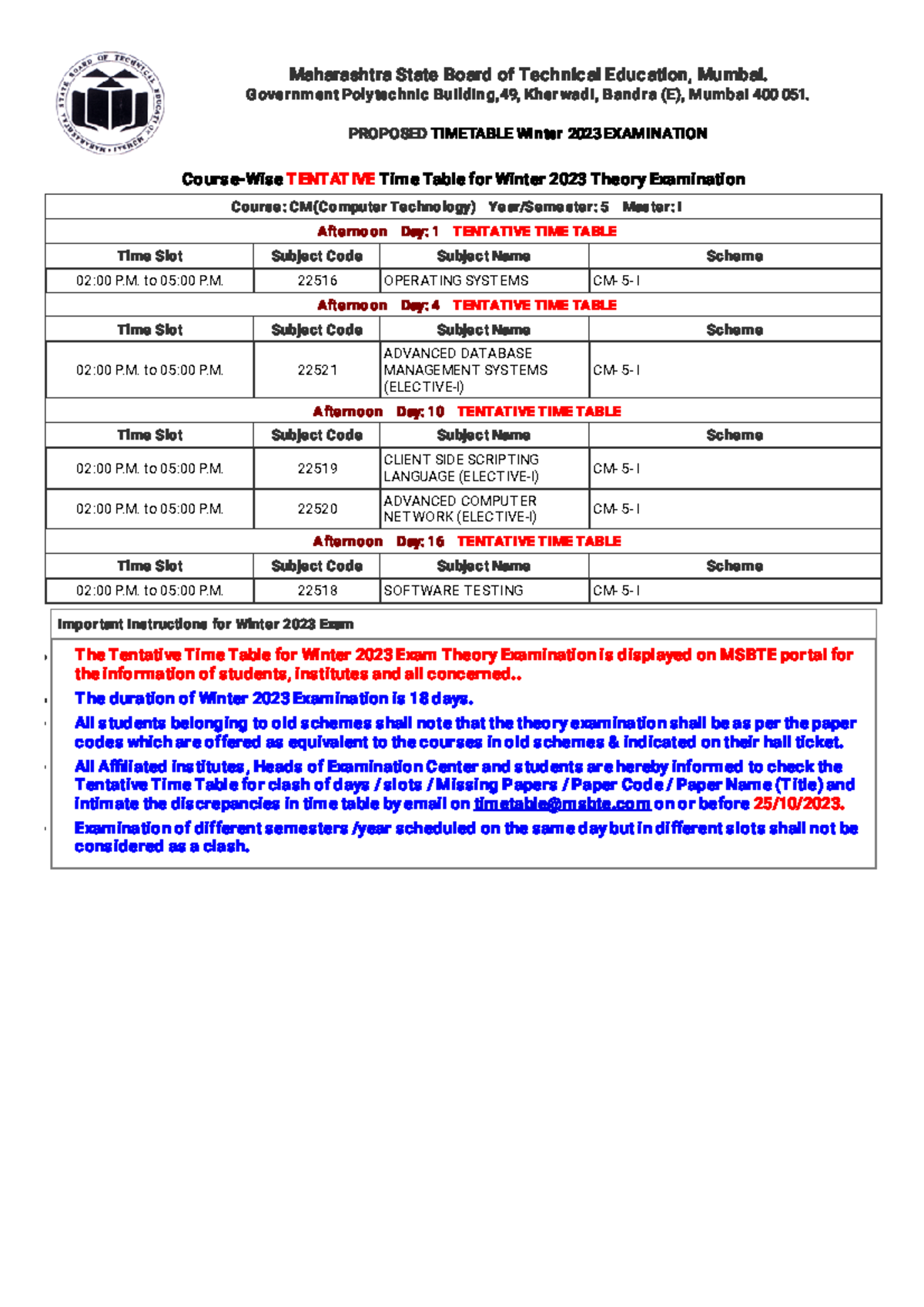 Time table - Maharashtra State Board of Technical Education, Mumbai ...