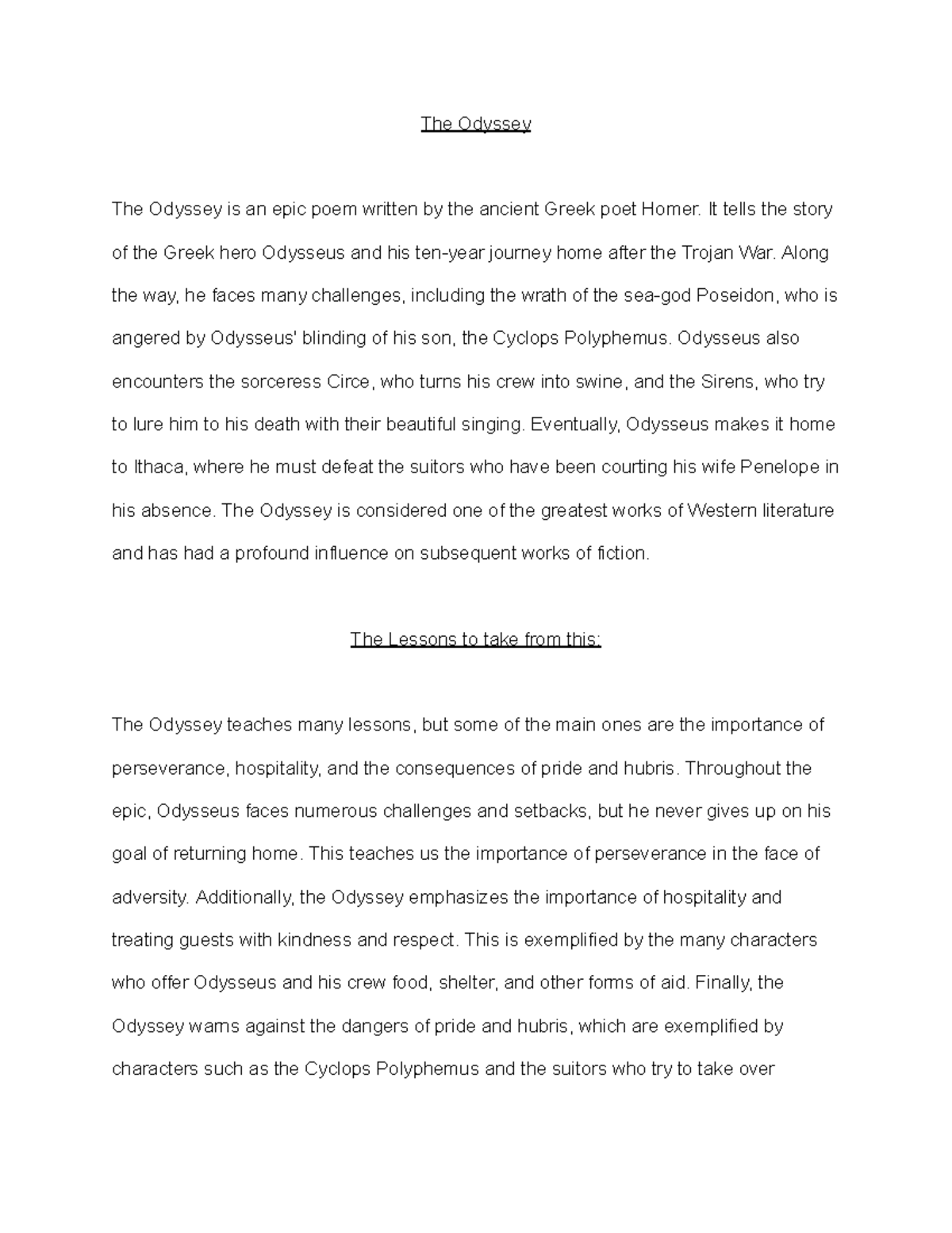 Greek stories - the odyssey - The Odyssey The Odyssey is an epic poem ...