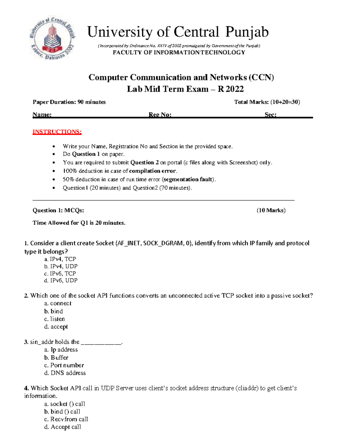 CCN Mid Lab Exam SE R22 - University of Central Punjab (Incorporated by ...