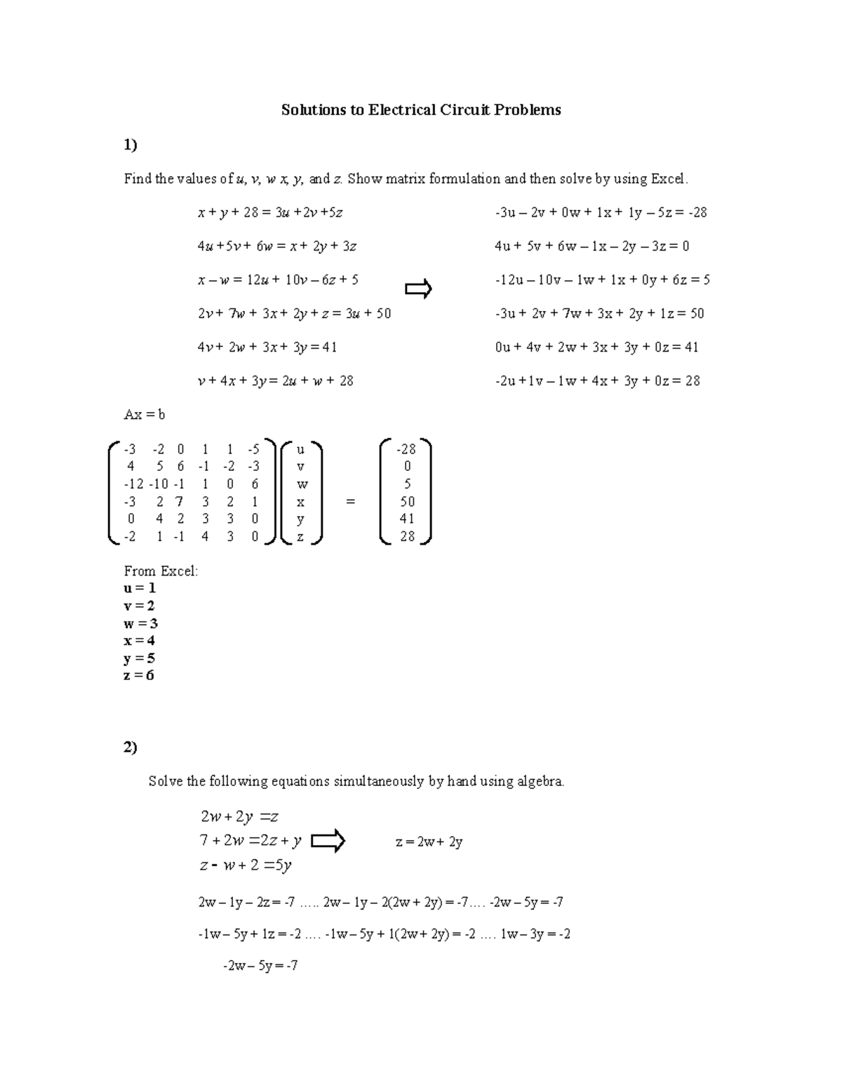 EGR 220 Example of Matrix Algebra and Circuit Laws - Solutions to ...