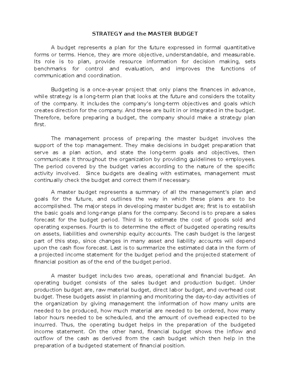 Strategy and the Master Budget Summary - STRATEGY and the MASTER BUDGET ...