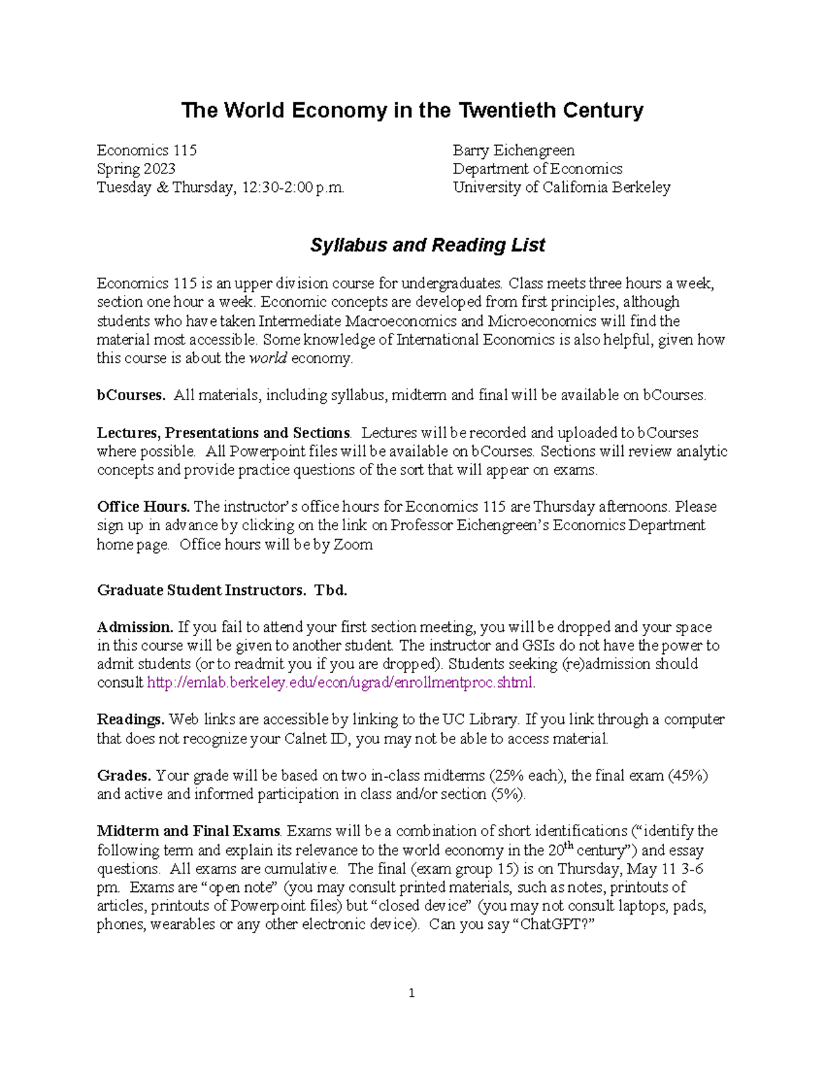 Eichengreen 115 syllabus Spring 2023 - The World Economy in the ...