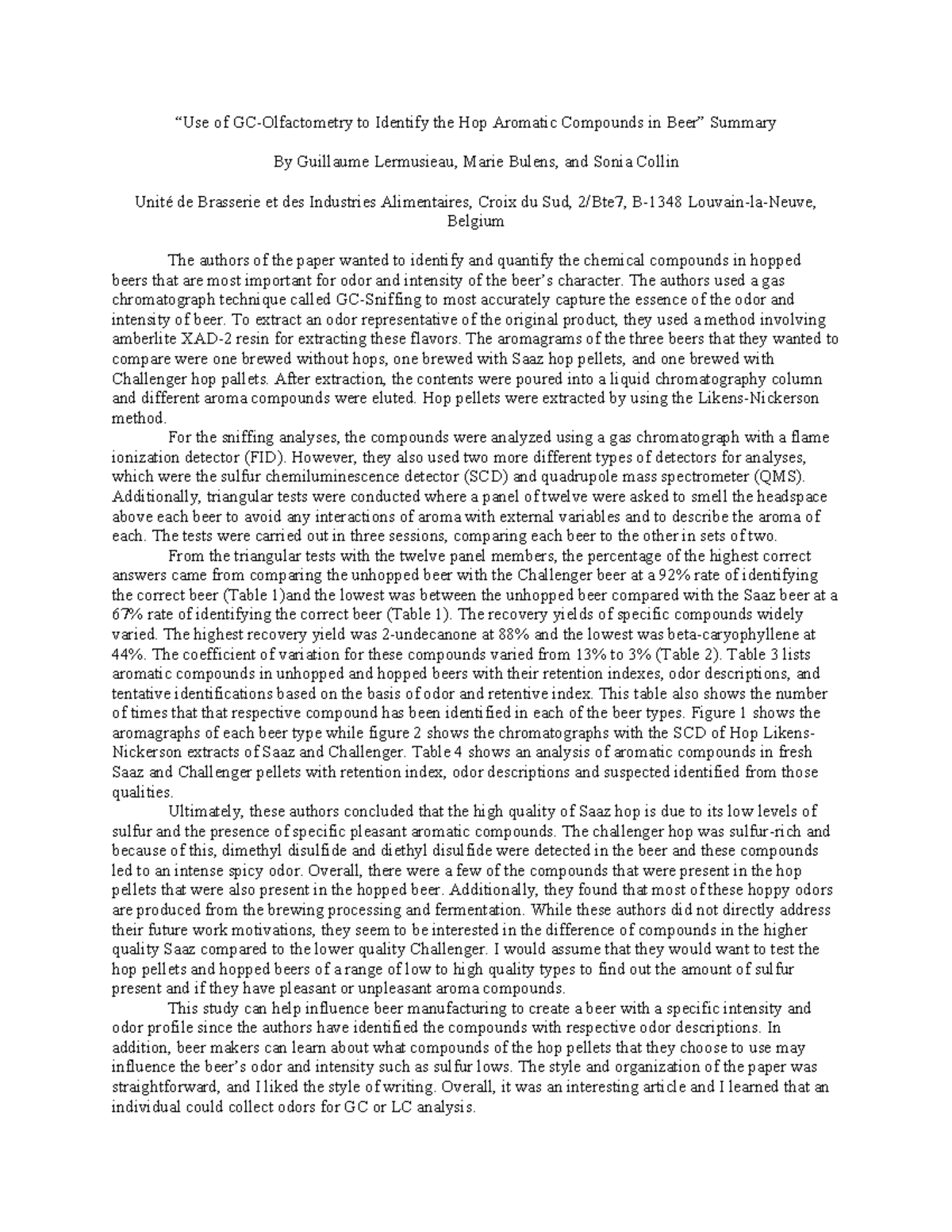 Use of GC-Sniffing Paper Summary - “Use of GC-Olfactometry to Identify ...