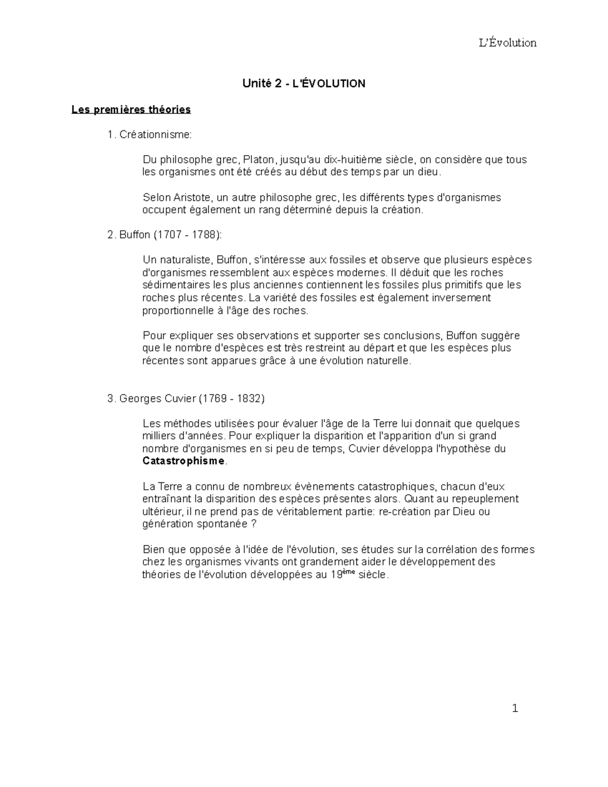 Notes évolution 20-21 - Unité 2 - L'ÉVOLUTION Les premières théories ...