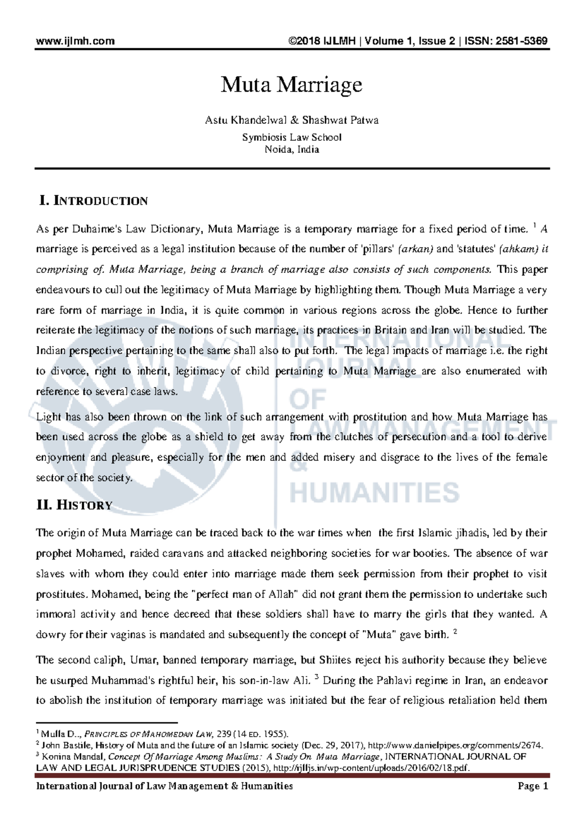 Muslim Law - Muta Marriage - Muta Marriage Astu Khandelwal & Shashwat Patwa Symbiosis Law School ...