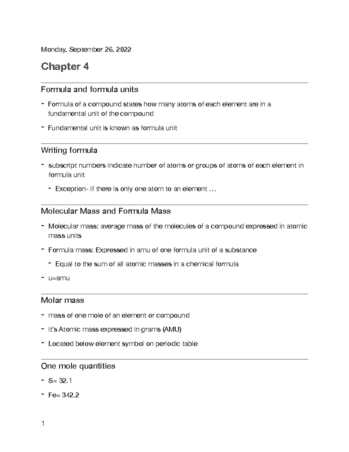 Chem notes Ch. 4 - The mole - Monday, September 26, 2022 Chapter 4 ...