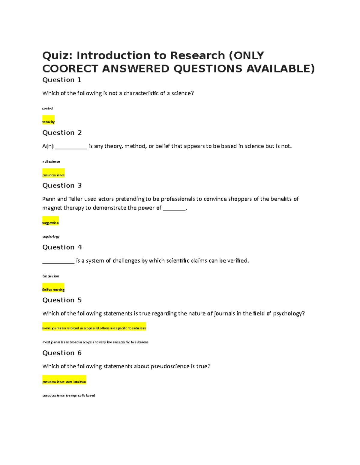 Quiz (Introduction to Research) - null science pseudoscience Question 3 ...